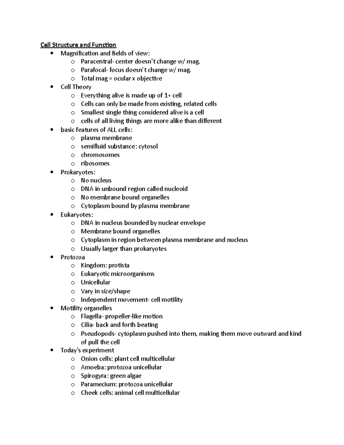 Cell Structure Lab Notes - Cell Structure and Function Magnification ...