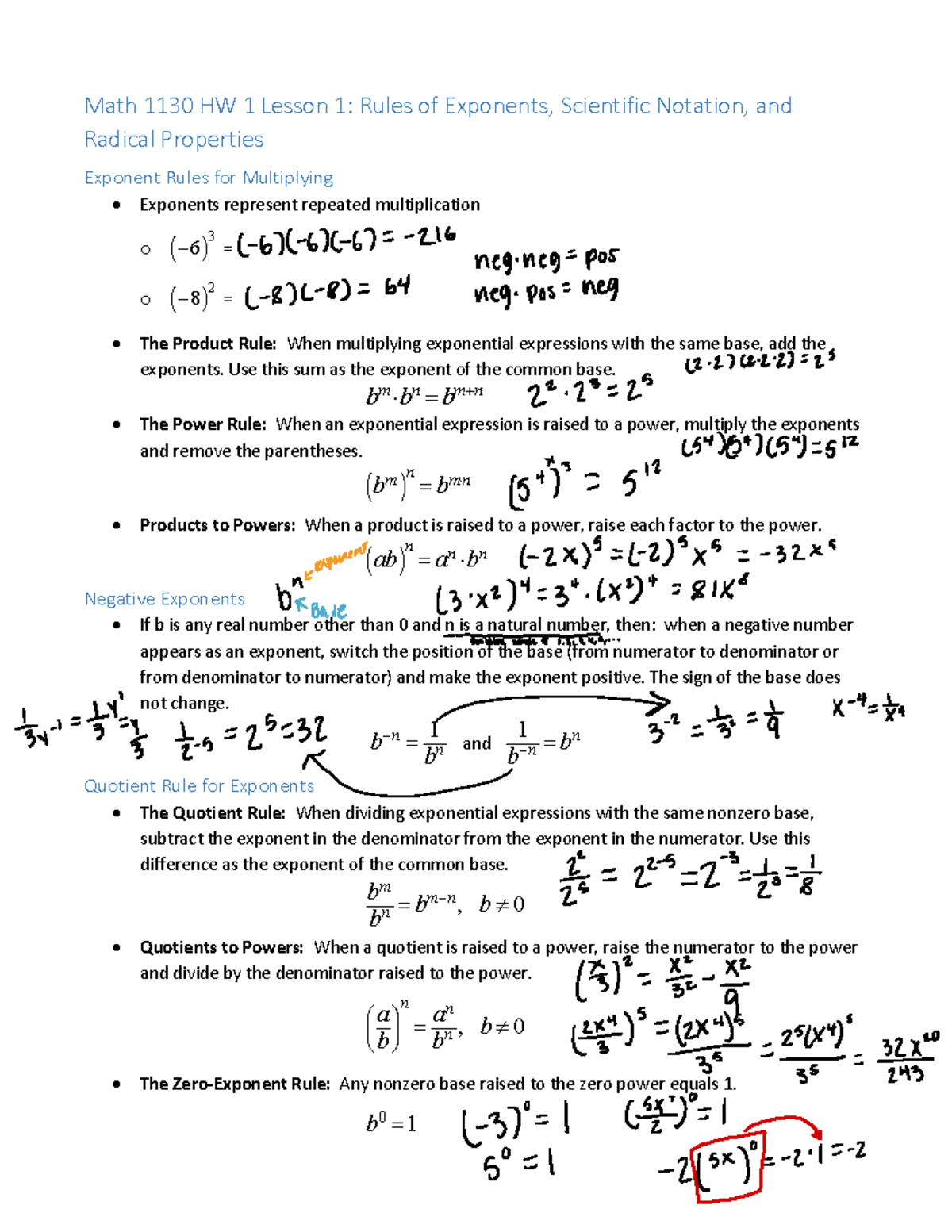 College Algebra Lesson 1 Notes - Math 1 1 30 HW 1 Lesson 1: Rules of ...
