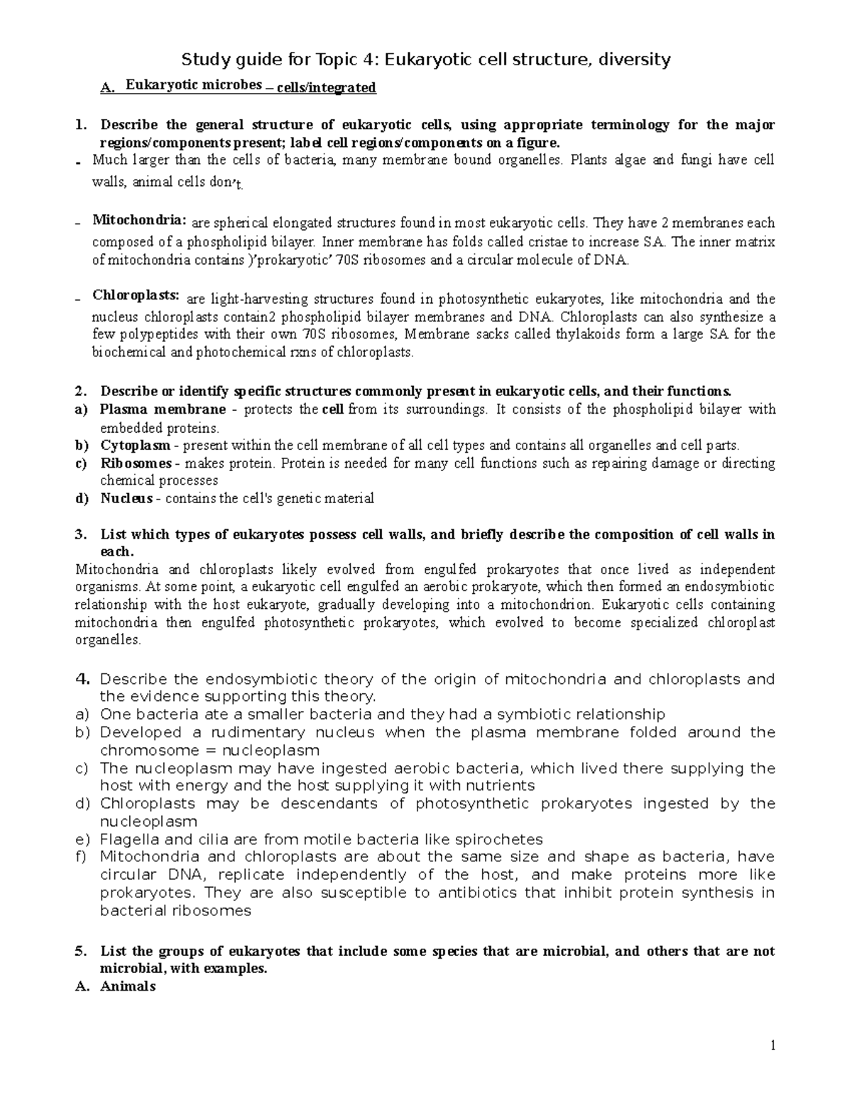 LO 4 - Prof Walsh - Study guide for Topic 4: Eukaryotic cell structure ...