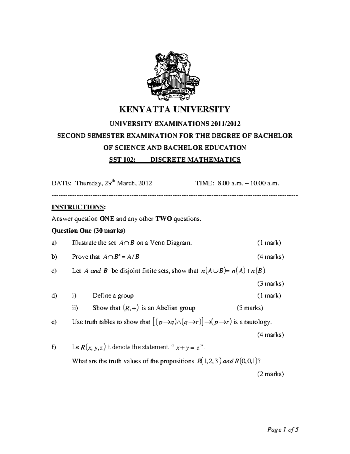 SST102 2012 - Past Paper - KENYATTA UNIVERSITY UNIVERSITY EXAMINATIONS ...