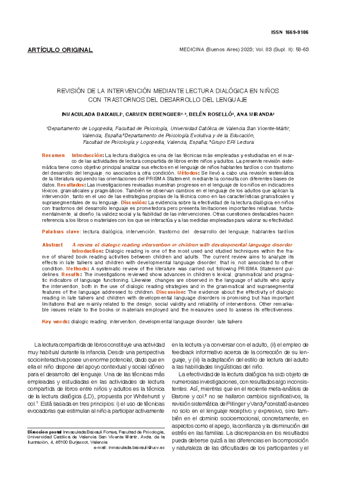 G4 Revisión DE LA Intervención Mediante Lectura Dialógica EN Niños - 58 MEDICINA - Suplemento II ...