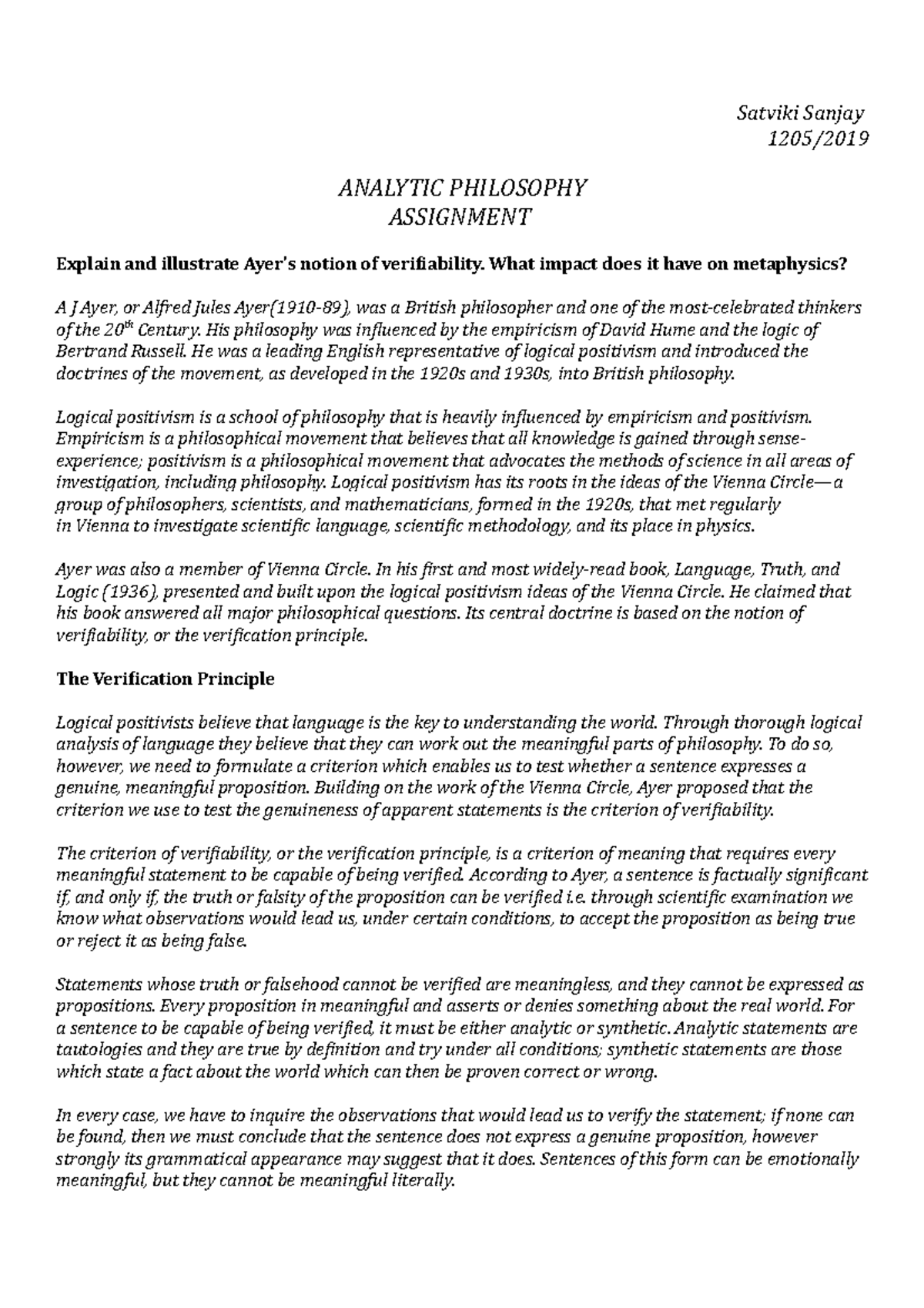 Analytic Philosophy Assignment - Satviki Sanjay 1205/ ANALYTIC ...