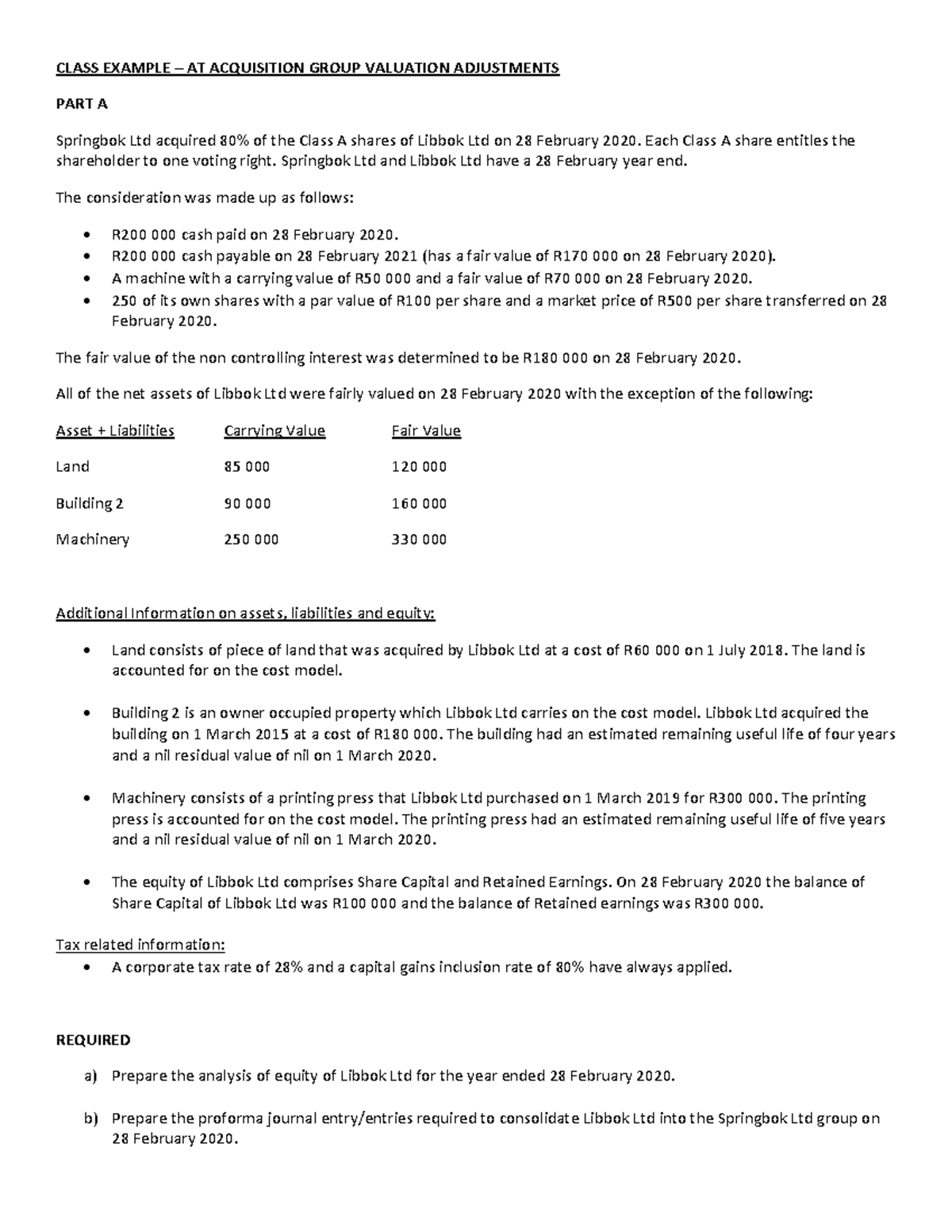 Class Example Question - CLASS EXAMPLE – AT ACQUISITION GROUP VALUATION ...