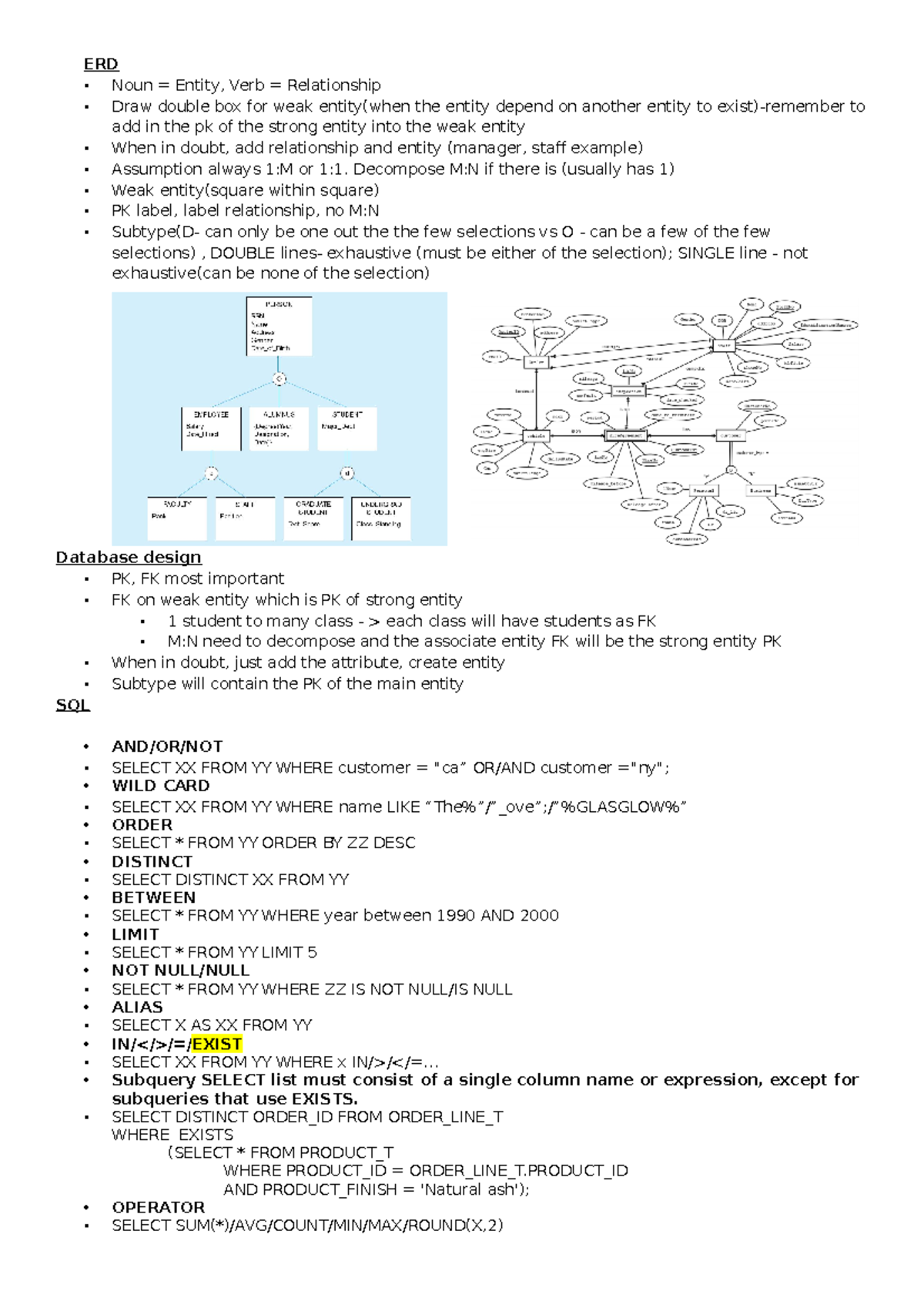 Database BC2402 cheatsheet - ERD Noun = Entity, Verb = Relationship Draw double box for weak ...