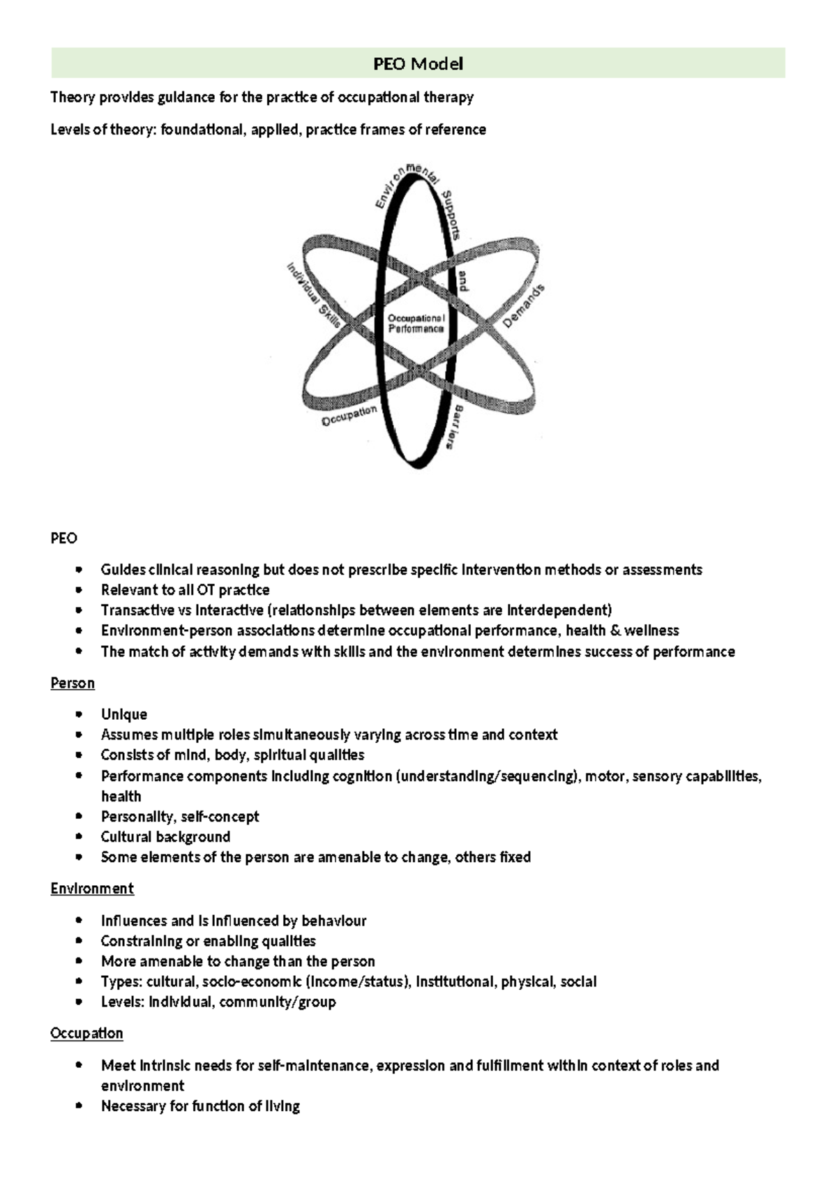 PEO Model - Used for assessment 1 in OCCT11100 - PEO Model Theory ...