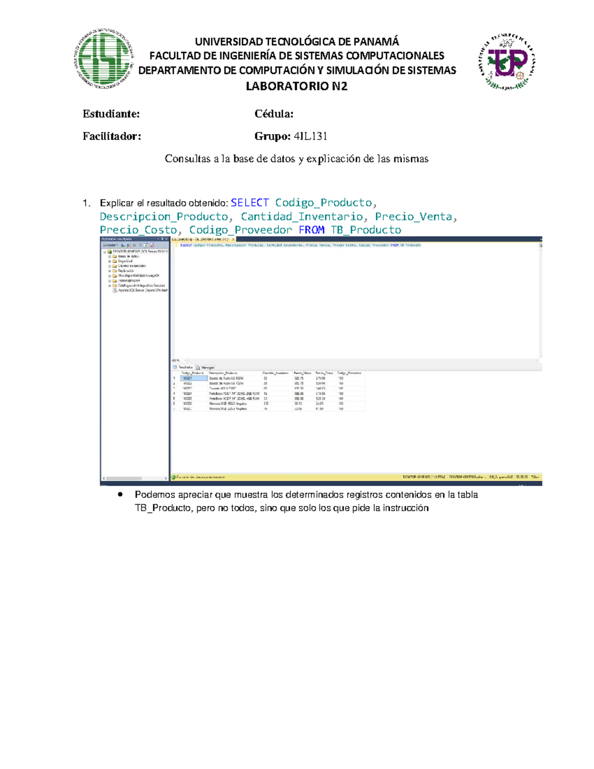 Laboratorio N°2 - consultas a bases de datos - Warning: TT: undefined function: 32 FACULTAD DE ...