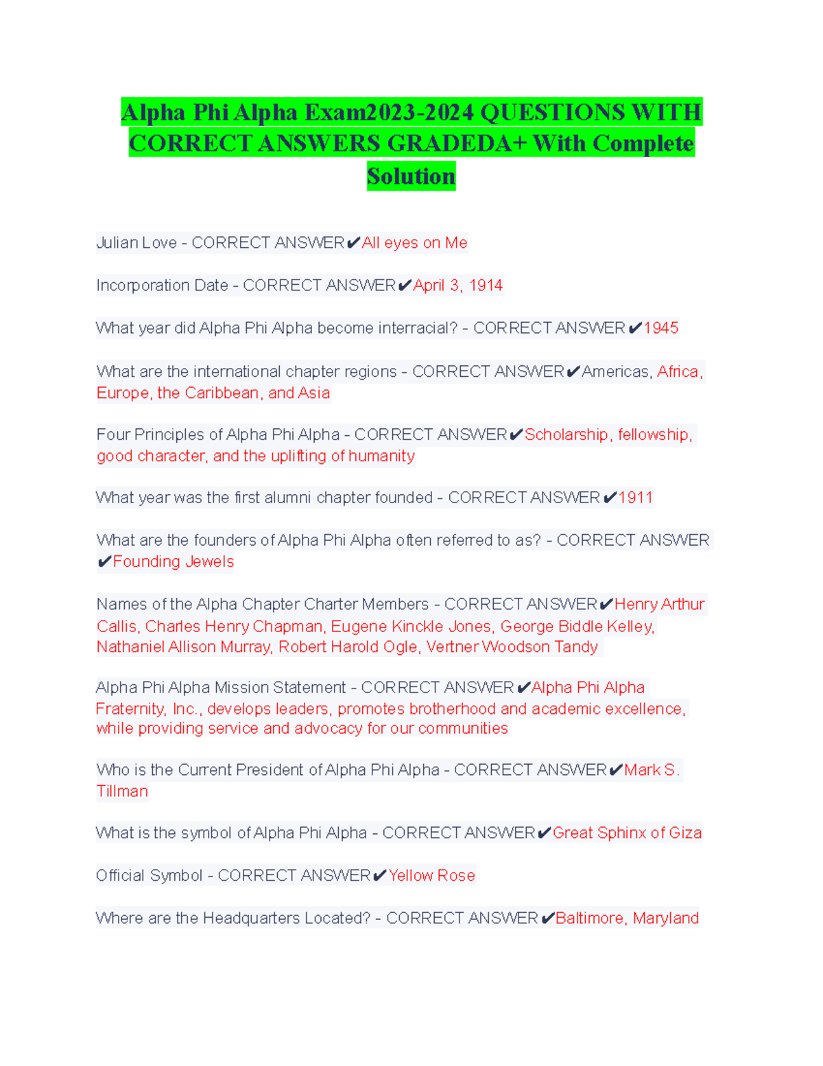Alpha Phi Alpha Exam2023-2024 Questions WITH Correct Answers Gradeda+ ...