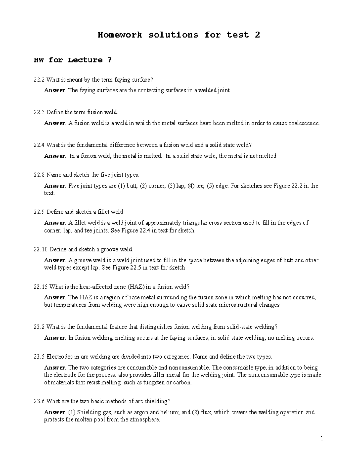 Homework solutions for test 2 - The faying surfaces are the contacting ...