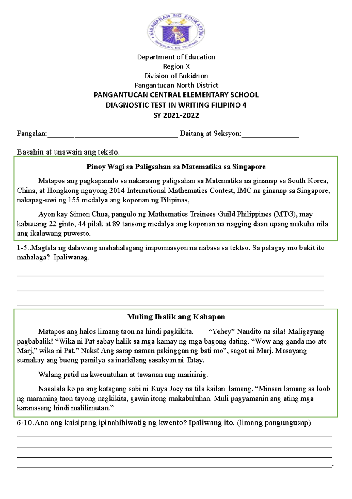 Diagnostic-Test-in-Writing-Filipino-4 - Department of Education Region ...