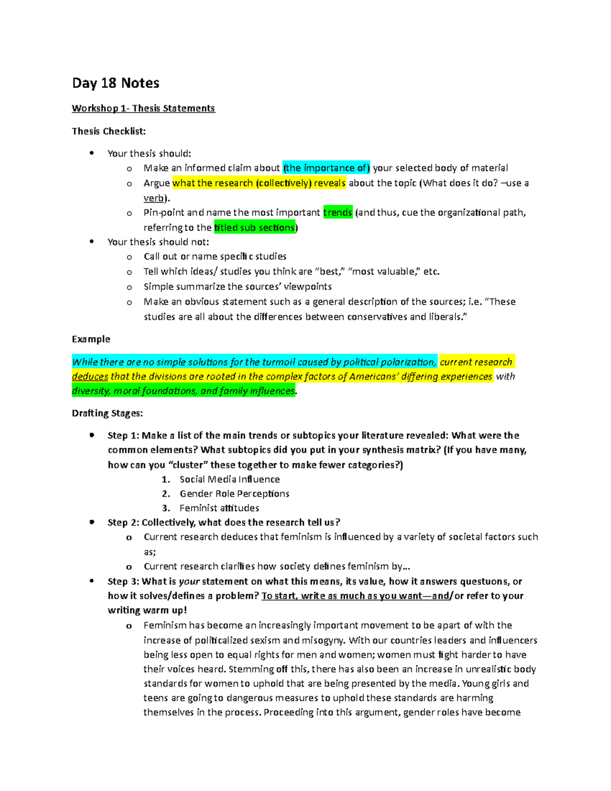 Day 18 Notes - holly hayes - Day 18 Notes Workshop 1- Thesis Statements ...