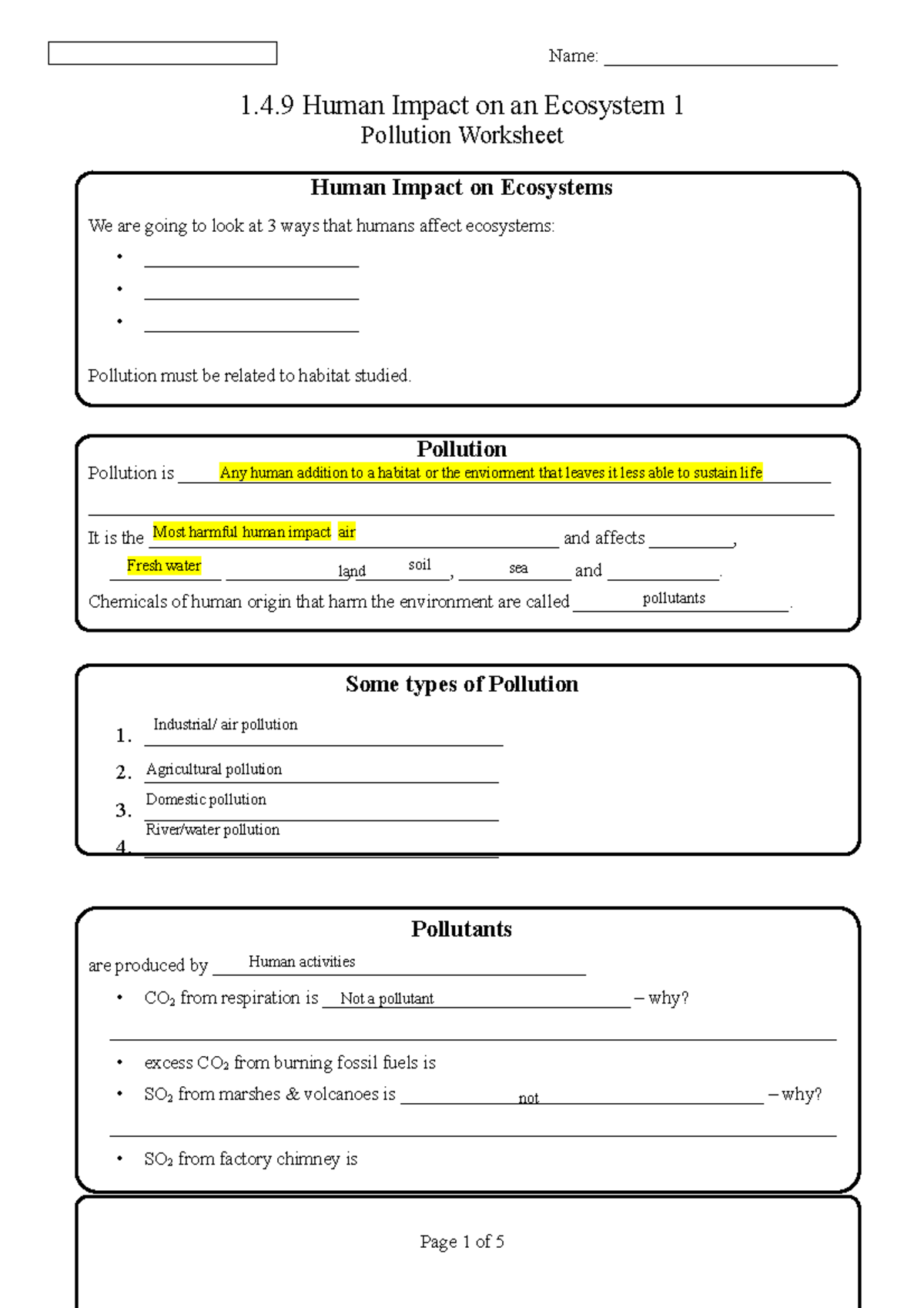 1.4.9 Pollution Worksheet - 1.4 Human Impact on an Ecosystem 1 ...