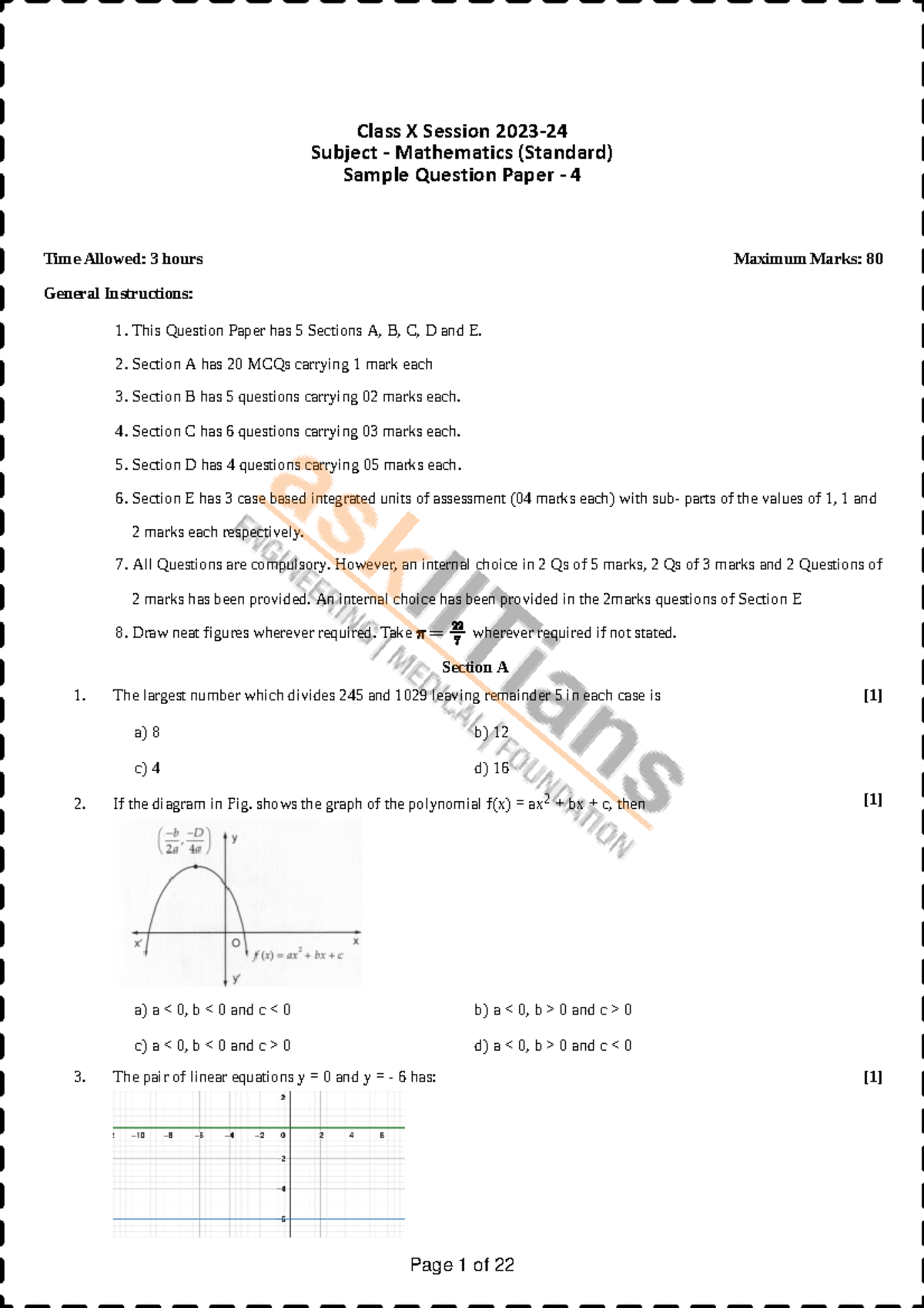 Maths 10th - Time Allowed: 3 hours Maximum Marks: 80 General Instructions: 1. This Question ...