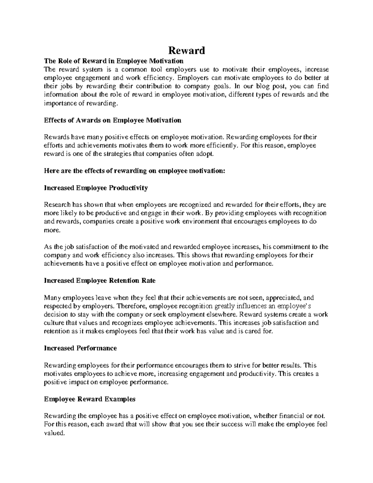 Reward - notes - Reward The Role of Reward in Employee Motivation The ...