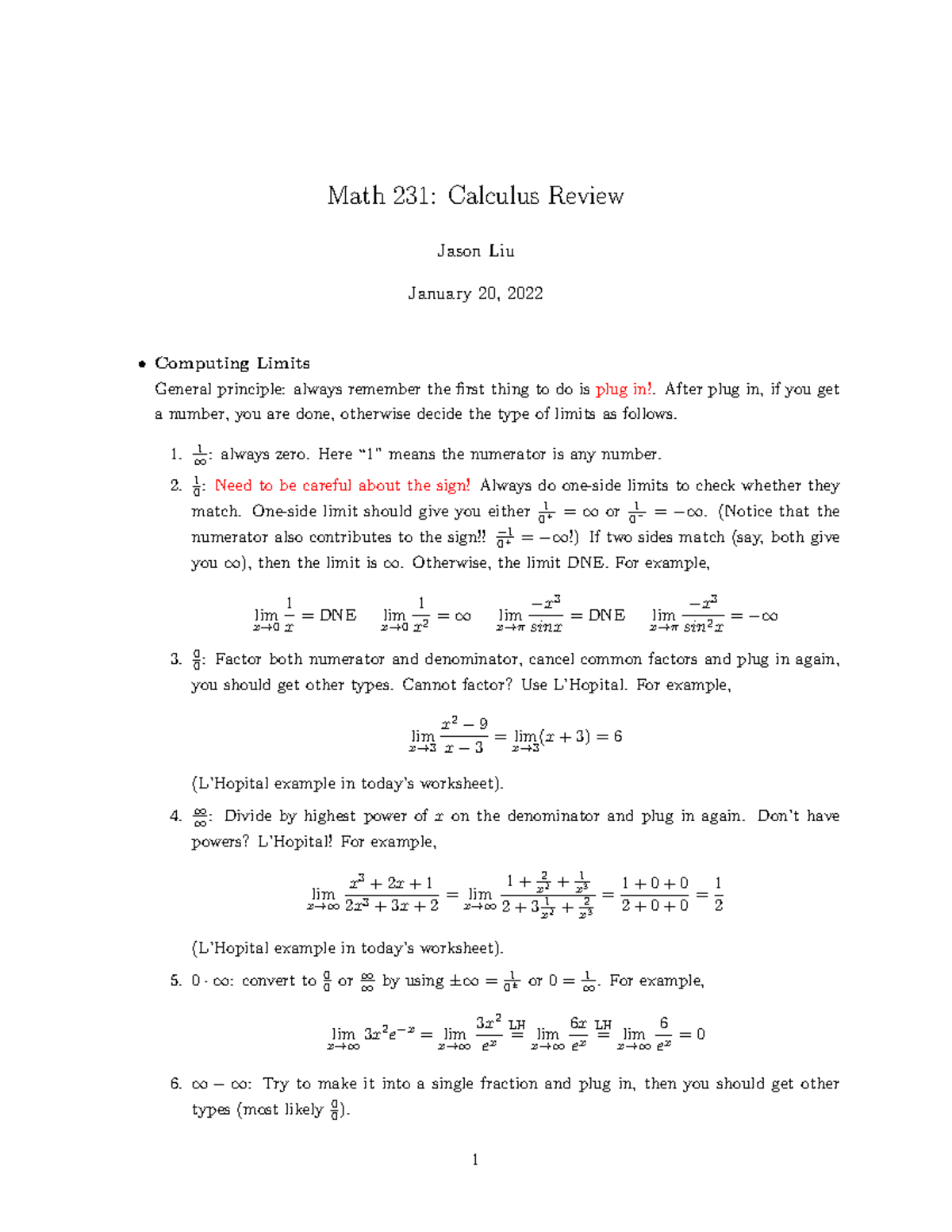 Math 231 Calculus Review - Math 231: Calculus Review Jason Liu January 20, 2022 Computing Limits ...