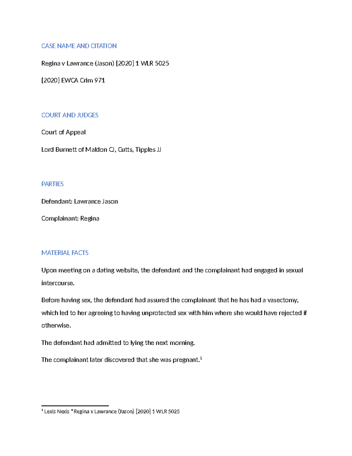 Criminal CASE NOTE - CASE NAME AND CITATION Regina v Lawrance (Jason ...