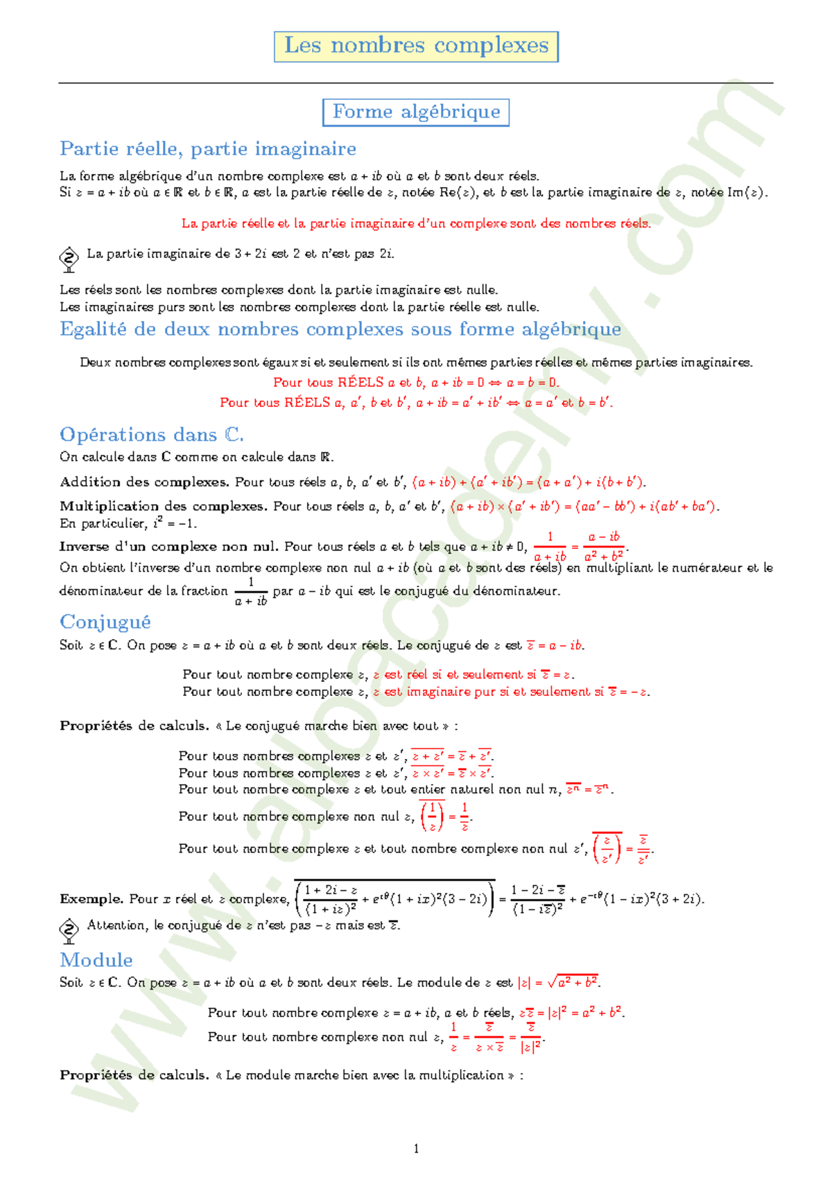 Résumé 1 Les Nombres complexes (www - Les nombres complexes Forme ...