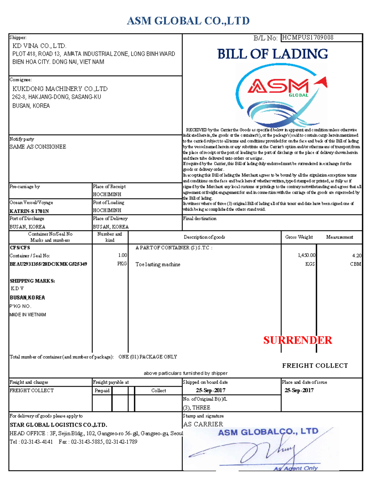 BILL Draft KD - ASM REV - Bộ chứng từ - ASM GLOBAL CO.,LTD B/L No: KD ...
