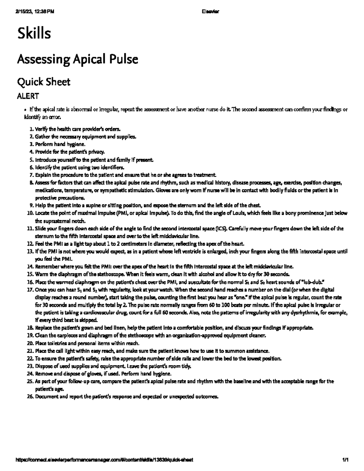 Assessing Apical Pulse - NRSG-10133-01A - 307 - Studocu