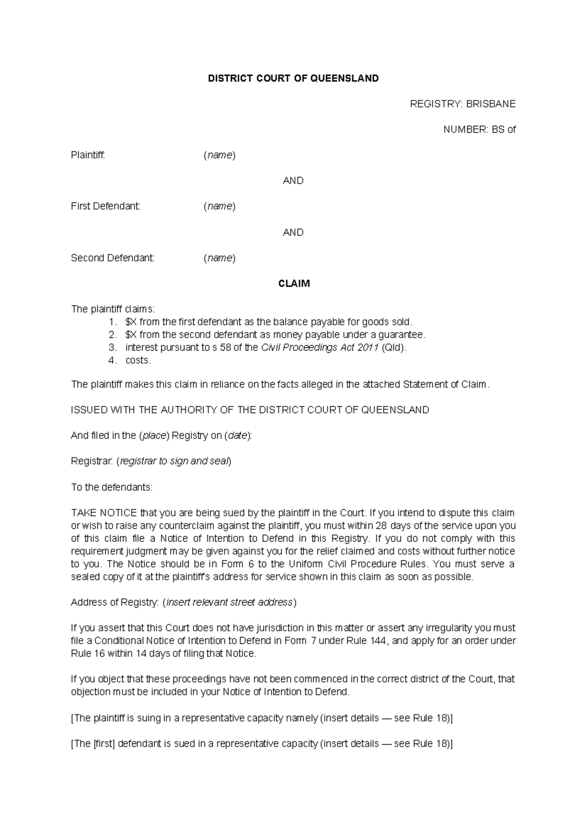 Example pleadings - DISTRICT COURT OF QUEENSLAND REGISTRY: BRISBANE ...
