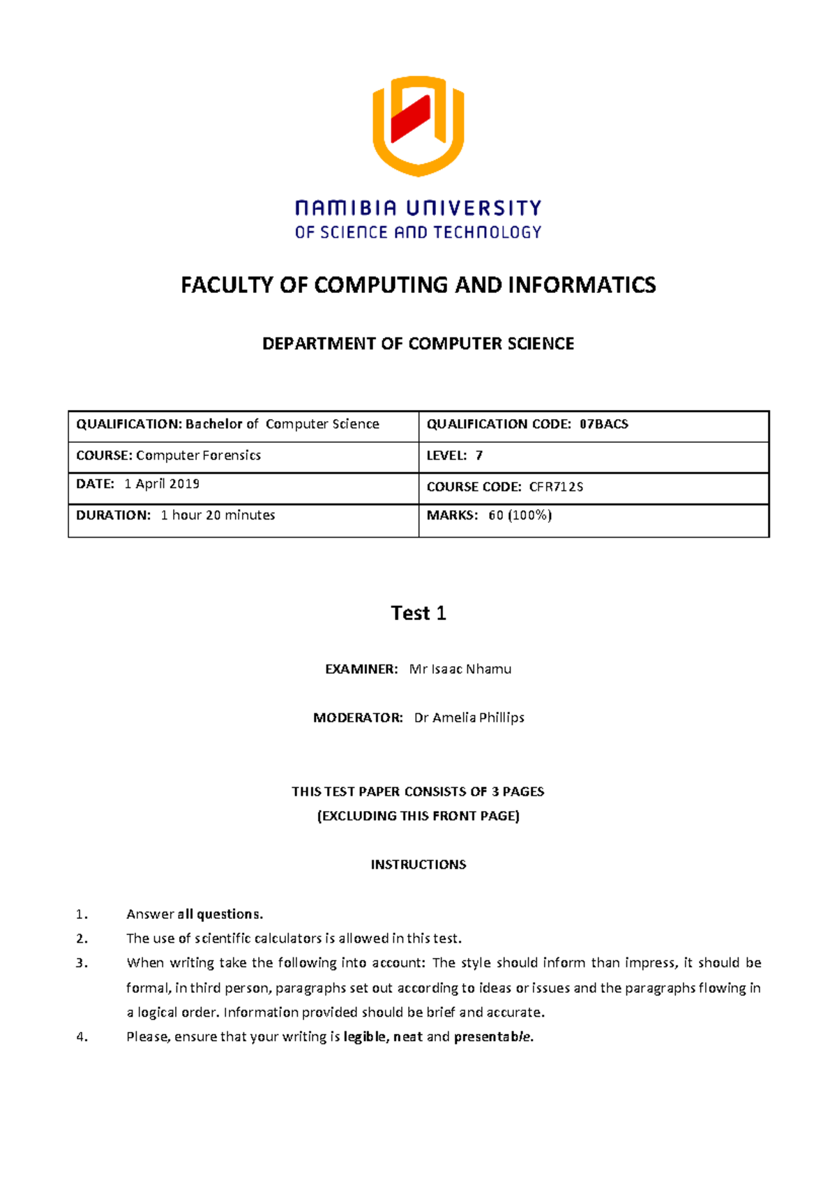 Computer Forensics Test 1 2019 - FACULTY OF COMPUTING AND INFORMATICS ...