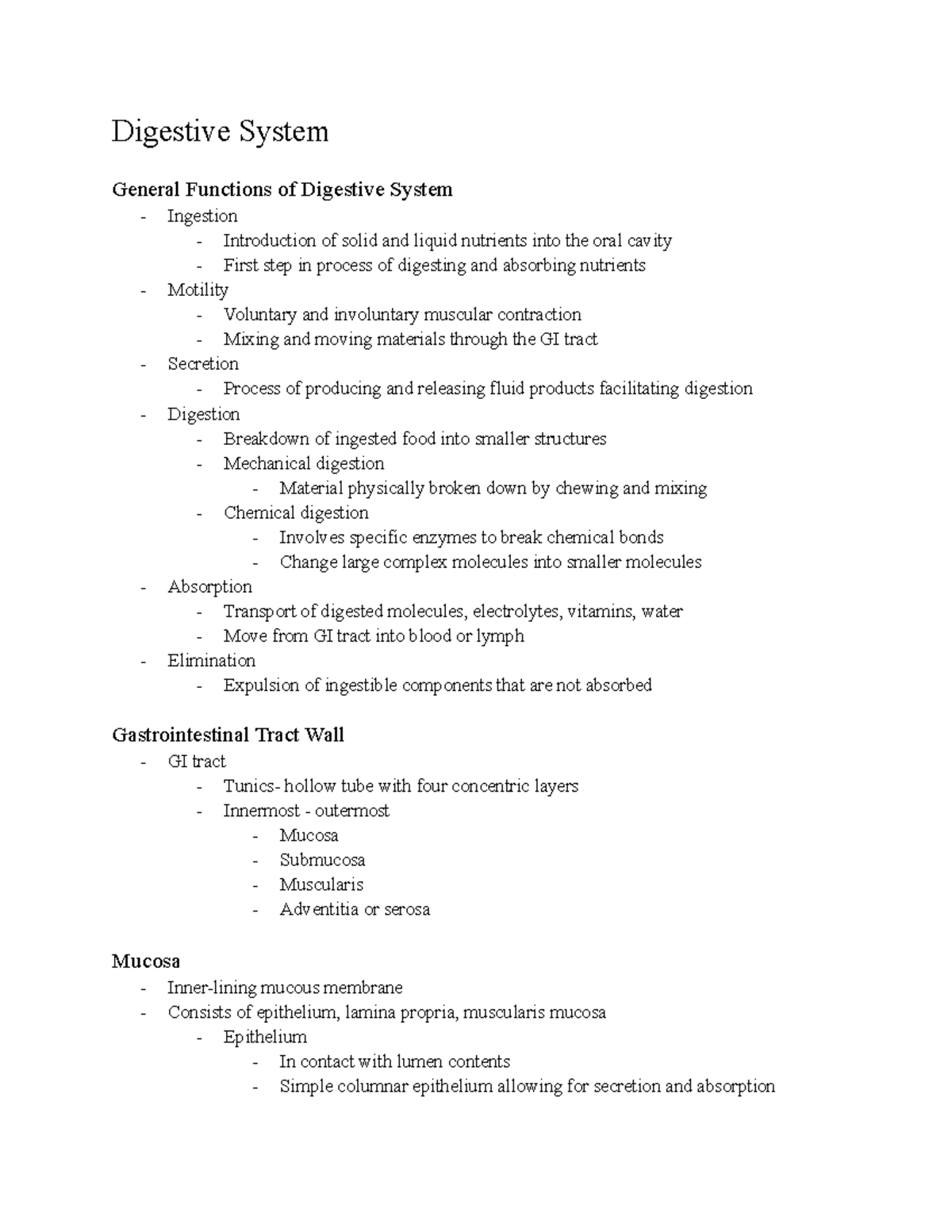 Digestive System - Lecture notes provided by Professor Childress ...