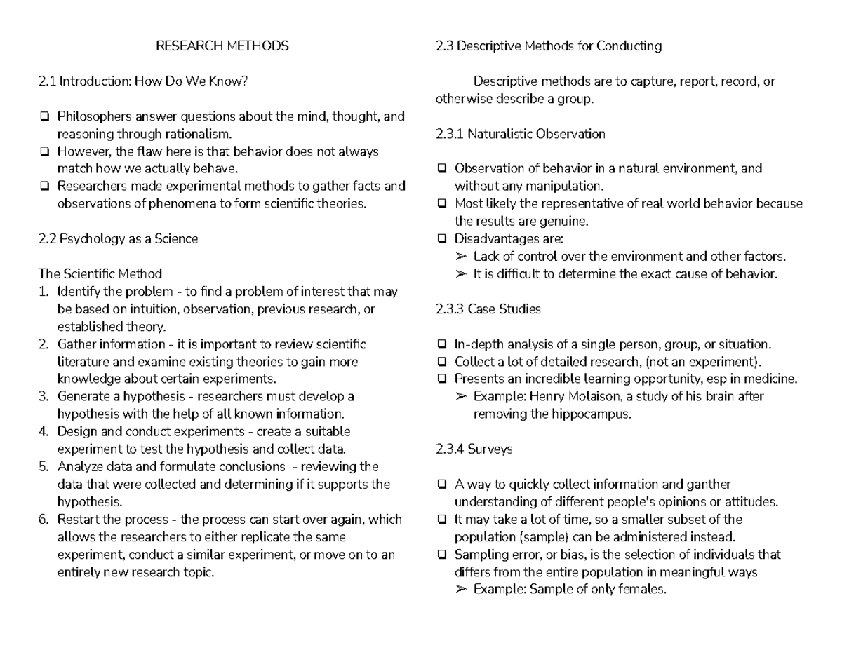 PSY1101 Lecture Notes - RESEARCH METHODS 2 Introduction: How Do We Know ...