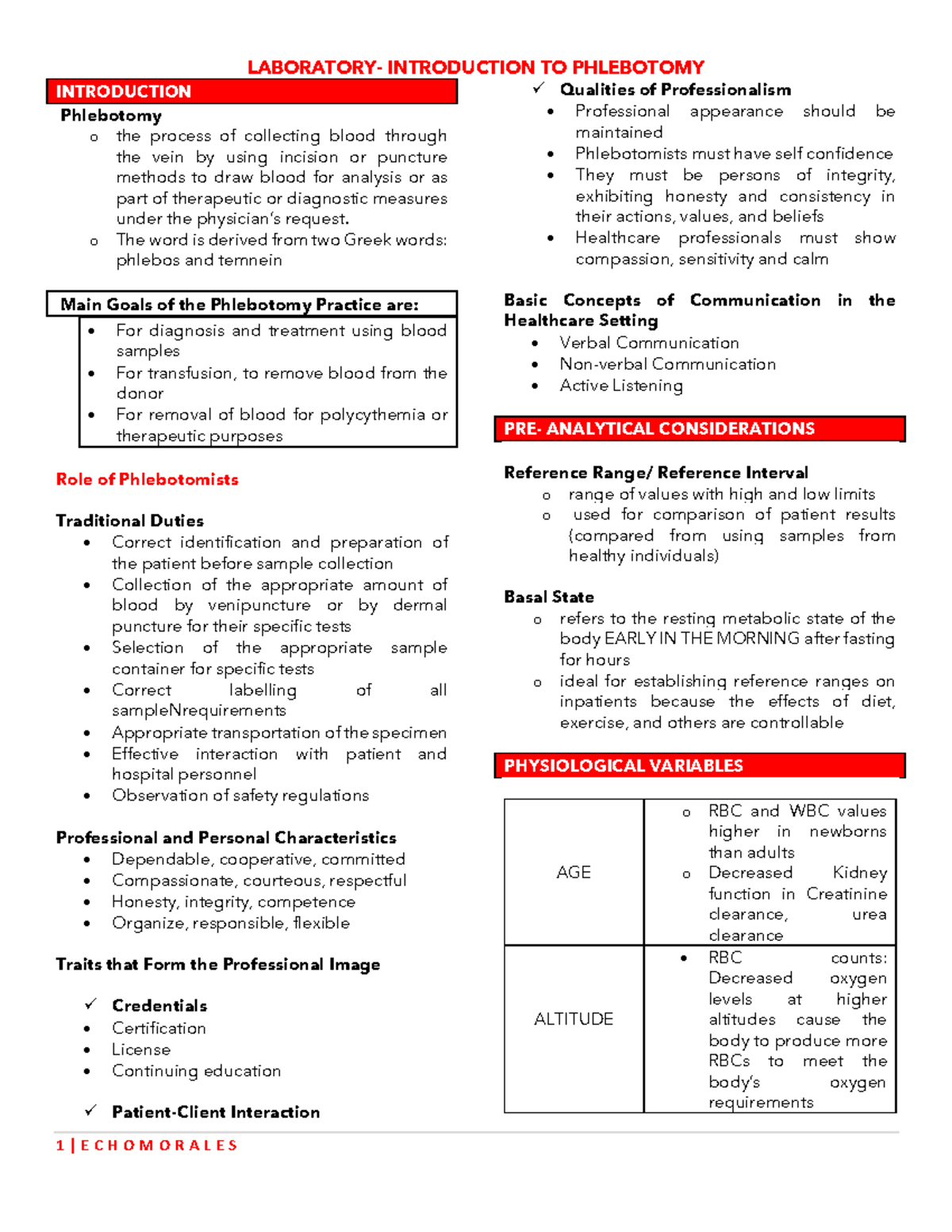 Phlebotomy - HEMA - INTRODUCTION Phlebotomy o the process of collecting ...