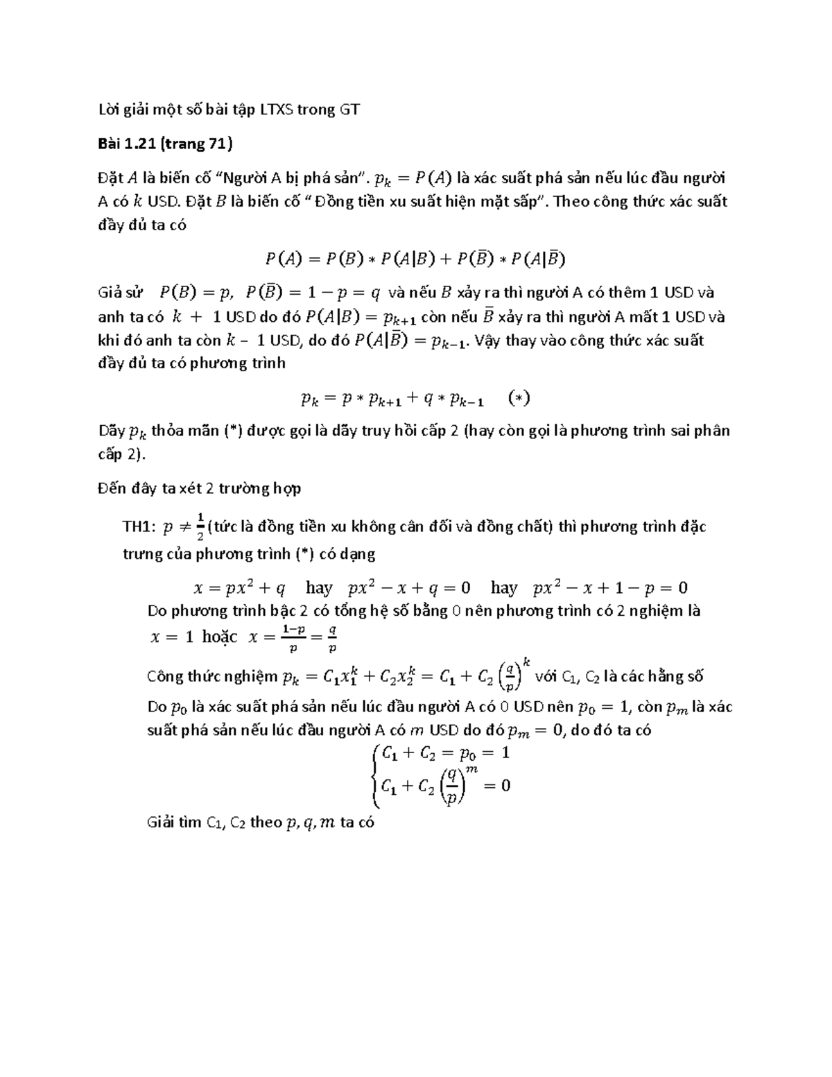 Loi giai mot so bai tap LTXS trong GT - Lßi gi¿i mßt sß b‡i t¿p LTXS trong GT B‡i 1 (trang 71 ...