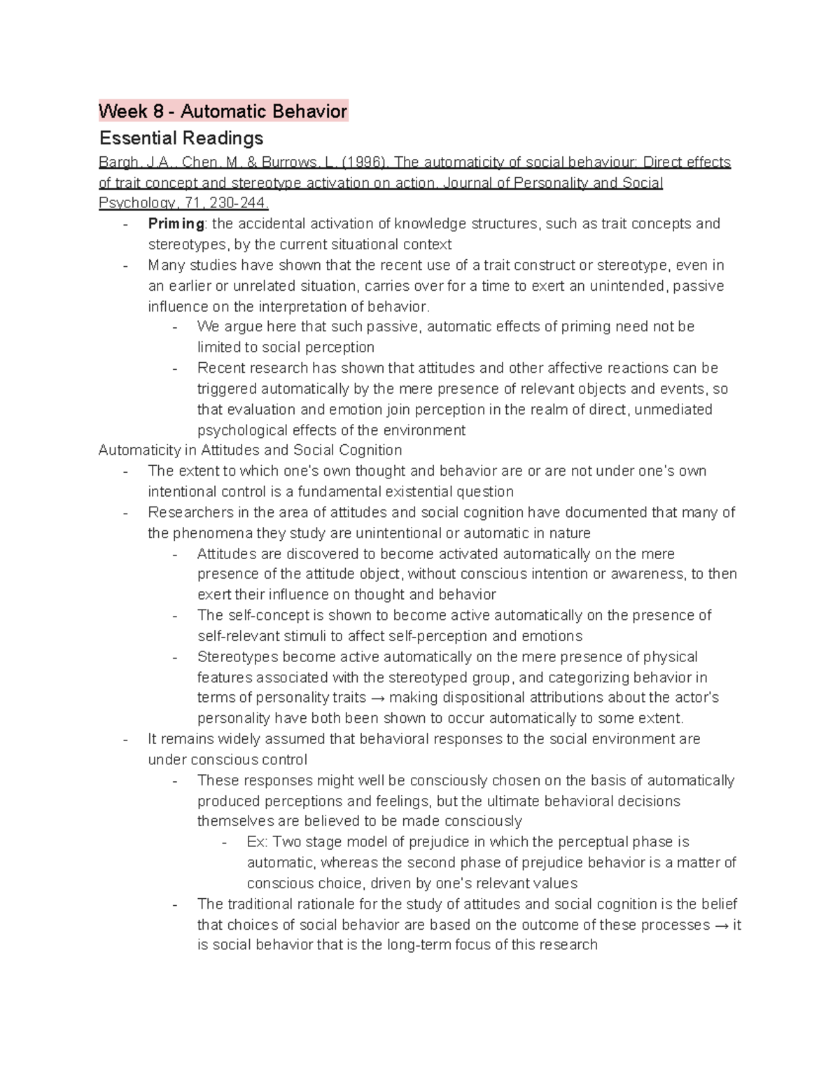 Tutorial Pt 2 - Week 8 - Automatic Behavior Essential Readings Bargh, J ...