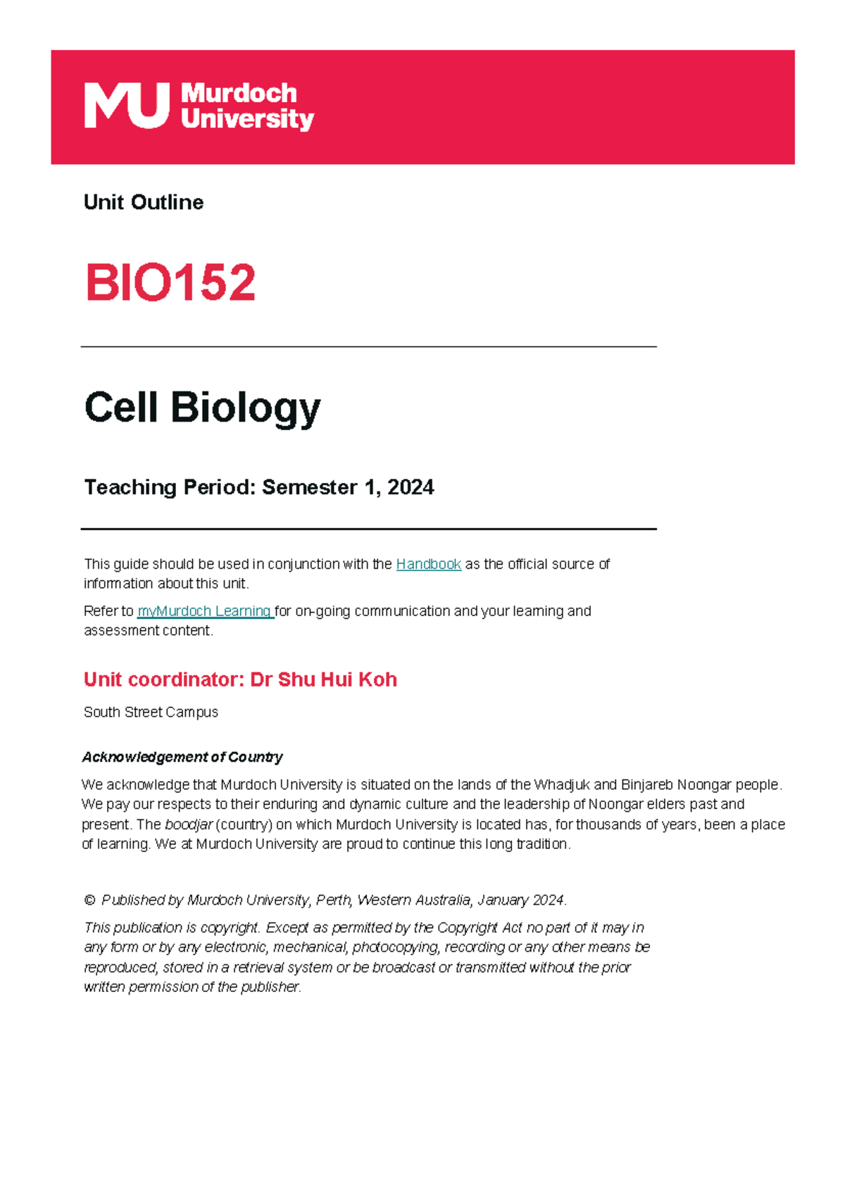 BIO152 Unit Information Guide - Unit Outline BIO Cell Biology Teaching ...