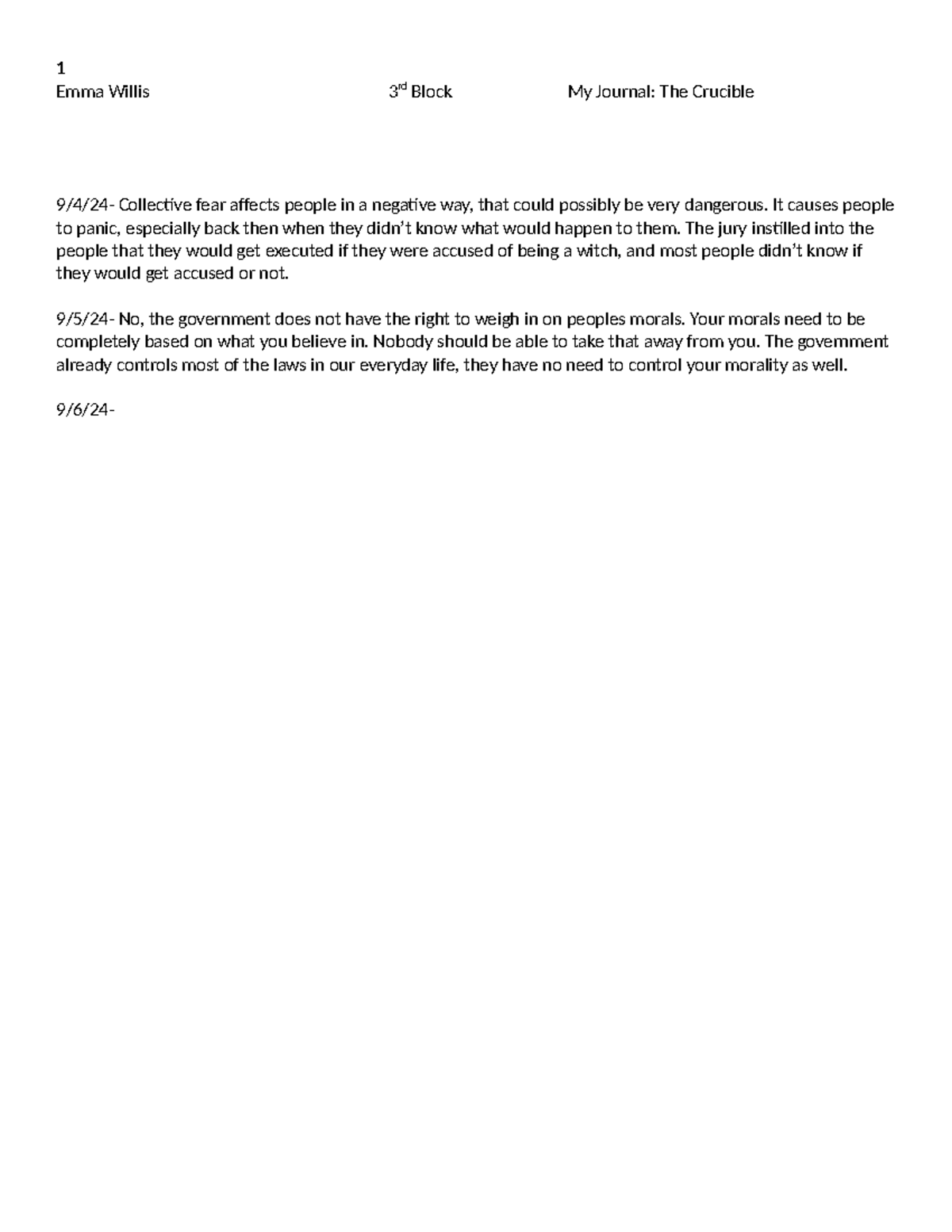 Journal The crucible - this book is hard - 1 Emma Willis 3 rd Block My ...