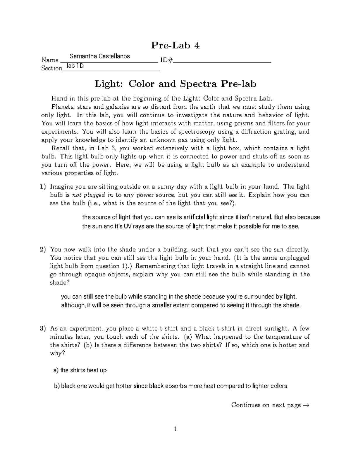 Pre-Lab 4 PDF astro - Pre-Lab 4 Name ID# Section Light: Color and Spectra Pre-lab Hand in this ...