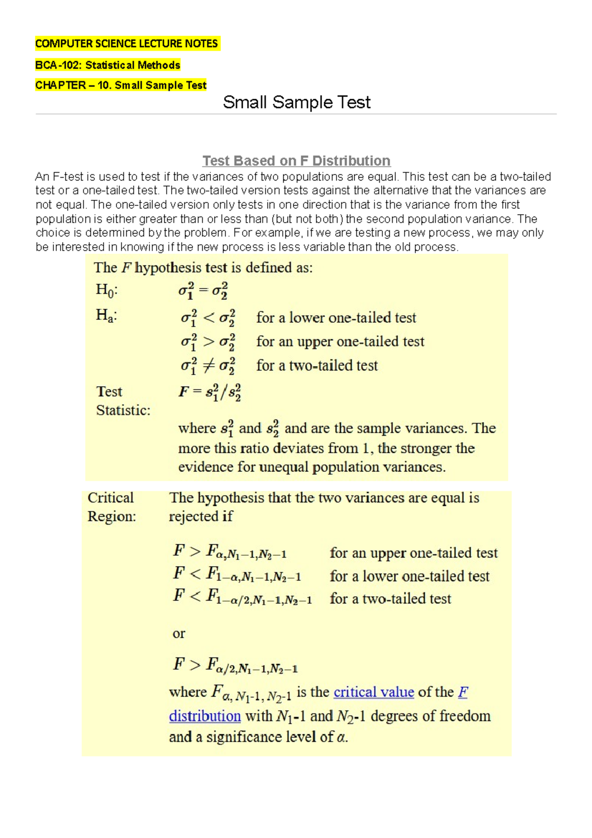 Ch 10 - small sample test - COMPUTER SCIENCE LECTURE NOTES BCA-102 ...