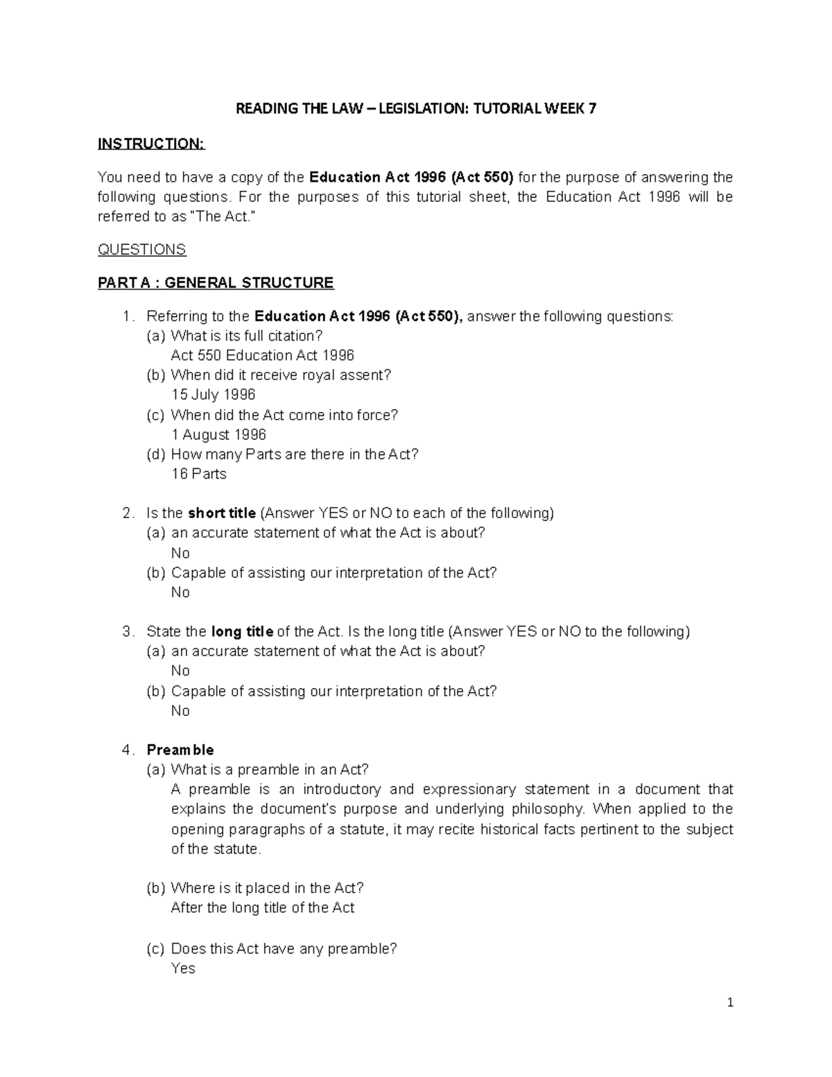Tuto Legal Method Week 7 - READING THE LAW – LEGISLATION: TUTORIAL WEEK ...