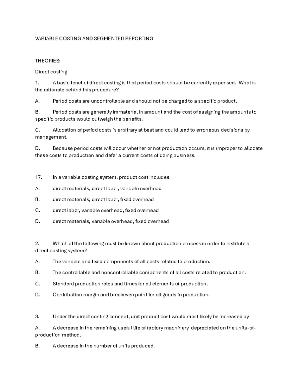 Variable Costing AND Segmented Reporting - VARIABLE COSTING AND SEGMENTED REPORTING THEORIES ...