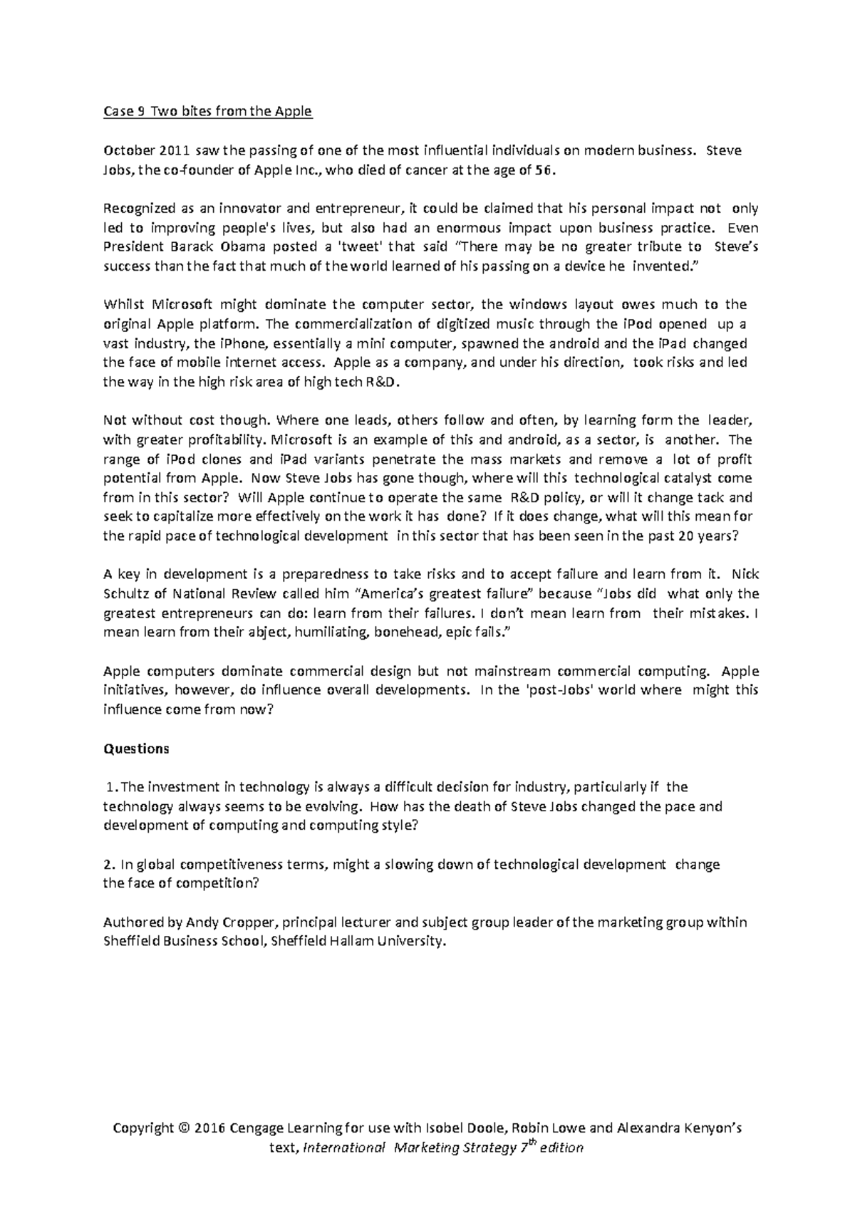 Apple - case study - Copyright © 2016 Cengage Learning for use with ...
