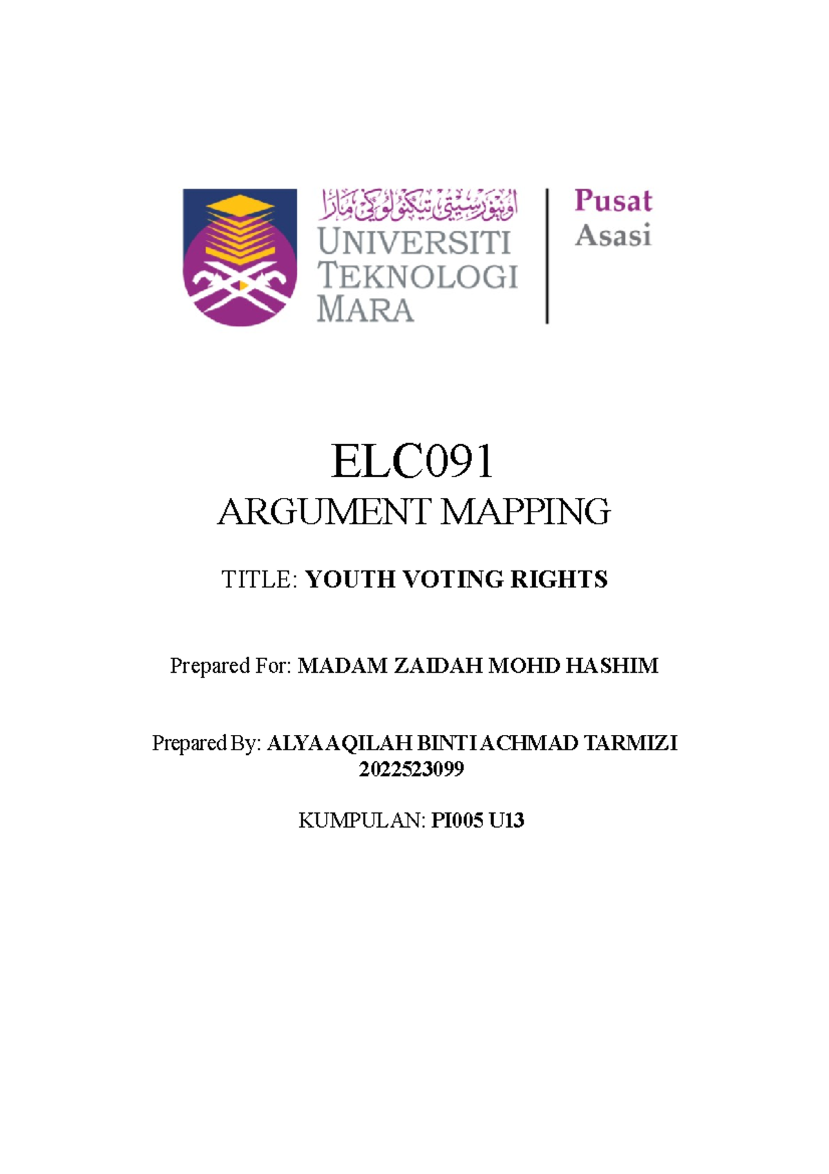 ELC091 Argument Mapping Youth Voting EXAMPLE - ELC ARGUMENT MAPPING TITLE: YOUTH VOTING RIGHTS ...