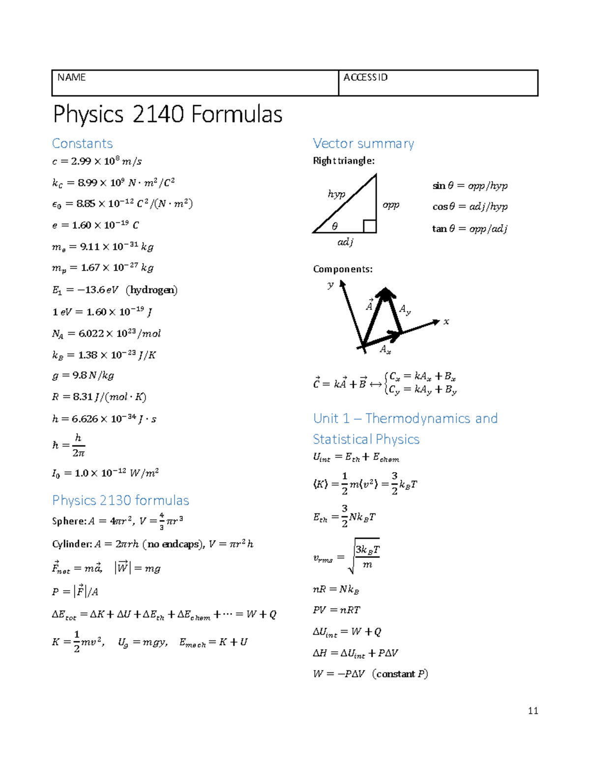 2140 equation sheet - Summary General Physics II - 11 NAME ACCESS ID ...