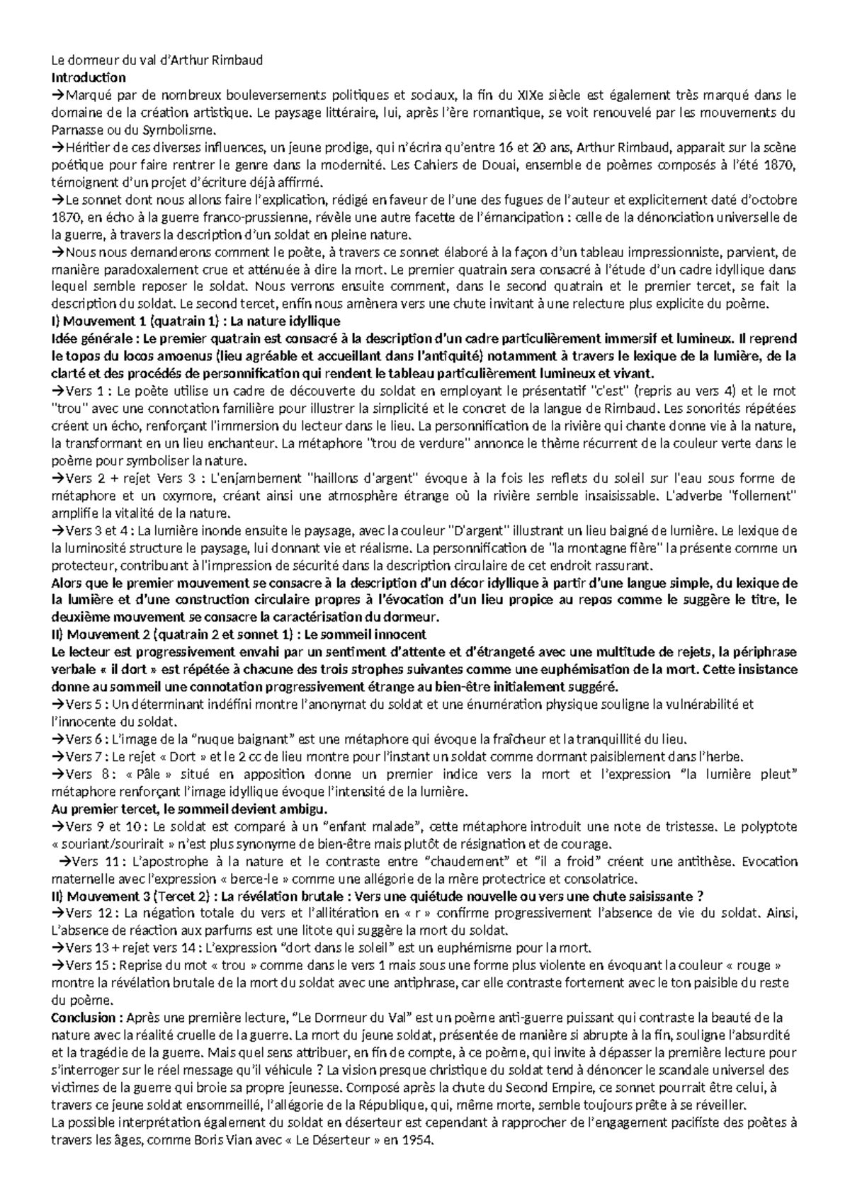 Fiche Le dormeur du Val Rimbaud - Le dormeur du val d’Arthur Rimbaud ...