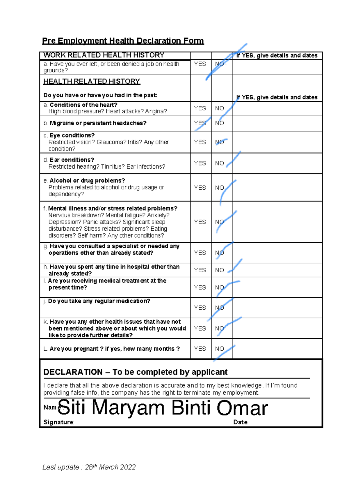Health Declaration - issues - Pre Employment Health Declaration Form ...