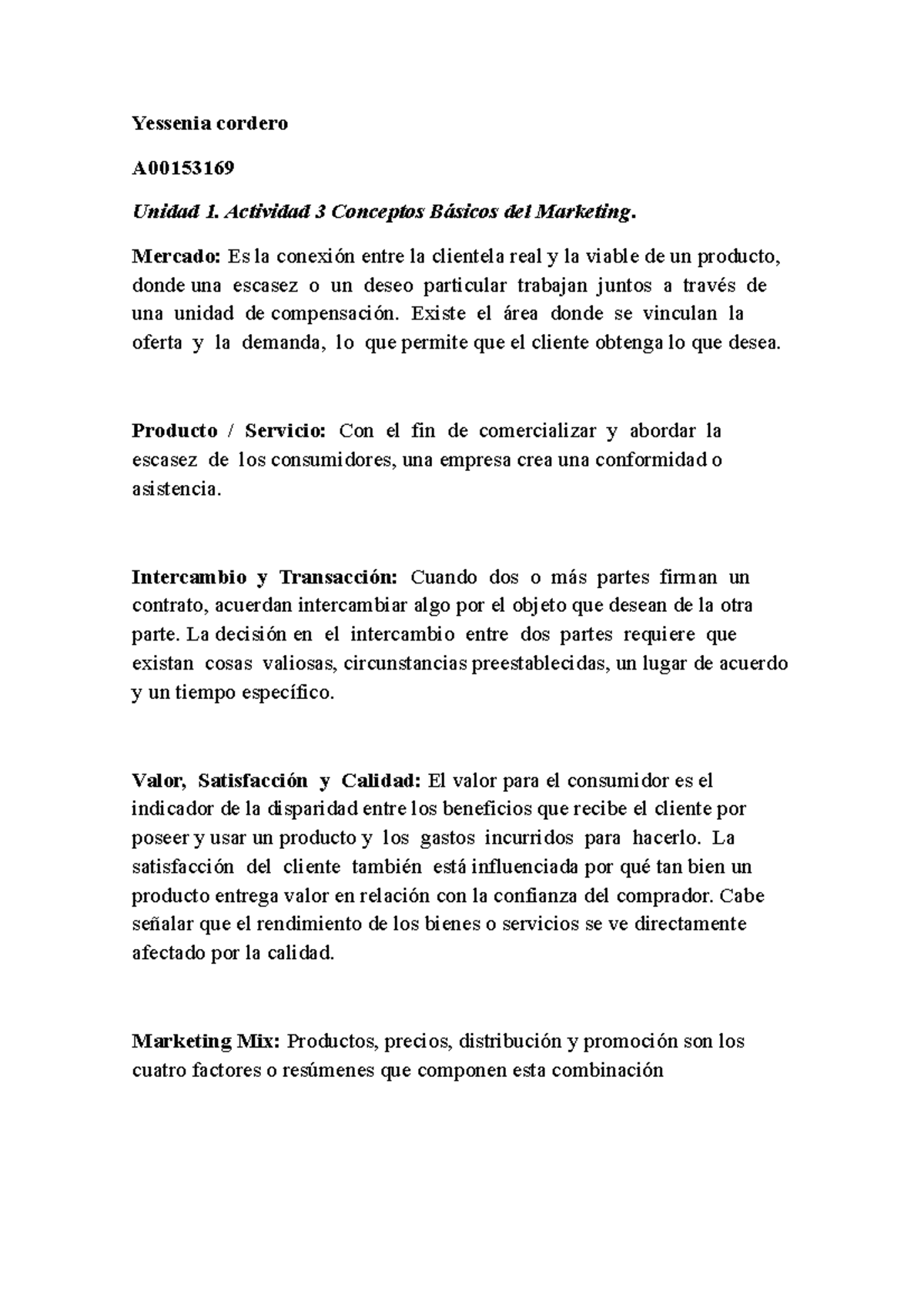 Conceptos basicos del marketing - Yessenia cordero A Unidad 1. Actividad 3 Conceptos Básicos del ...