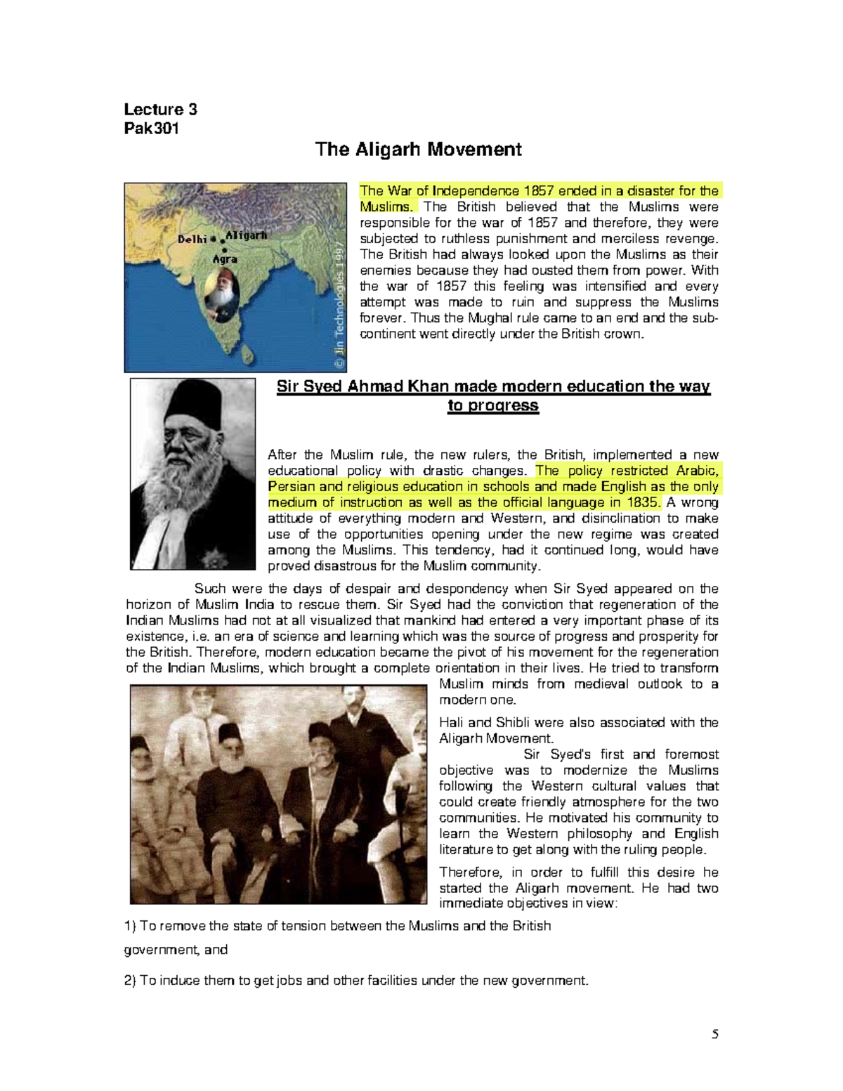 Handouts for Pak301 (1)-5-9 - Lecture 3 Pak The Aligarh Movement 1858 ...
