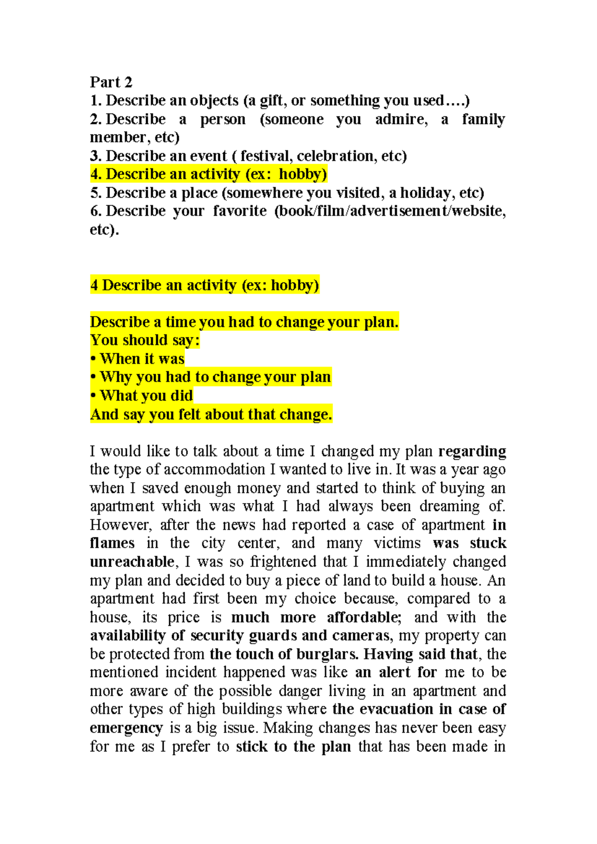 Part 2 Activity - IELTS - Part 2 Describe an objects (a gift, or ...