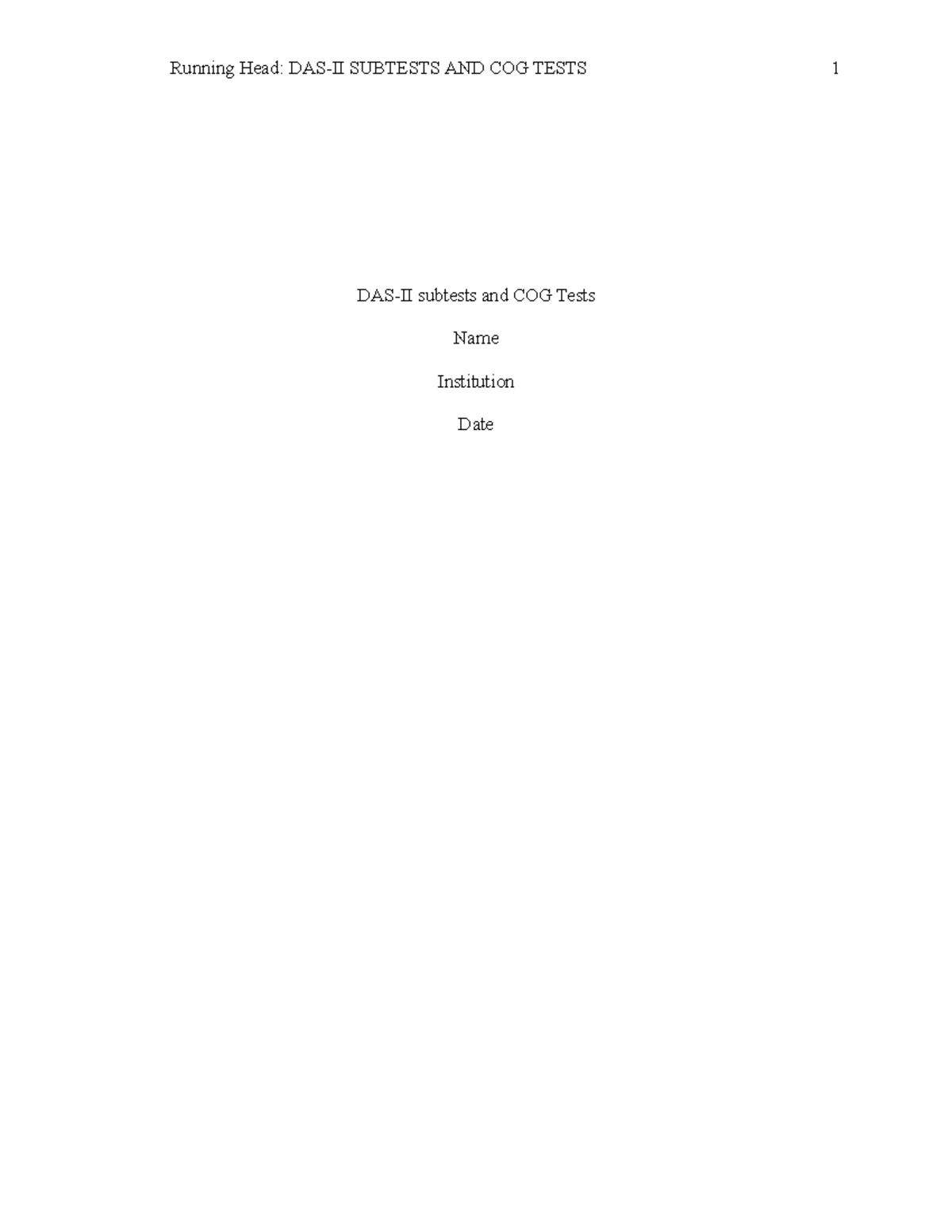 Psychology - Assignment - Running Head: DAS-II SUBTESTS AND COG TESTS 1 ...