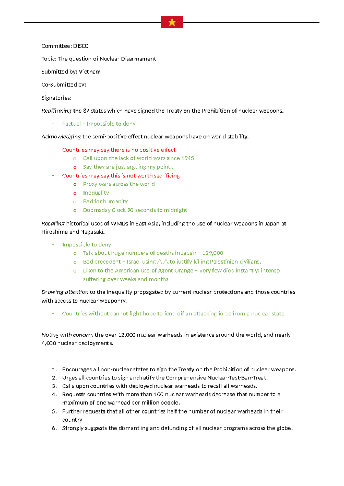 Vietnam Resolution Arguments Notes - Committee: DISEC Topic: The ...