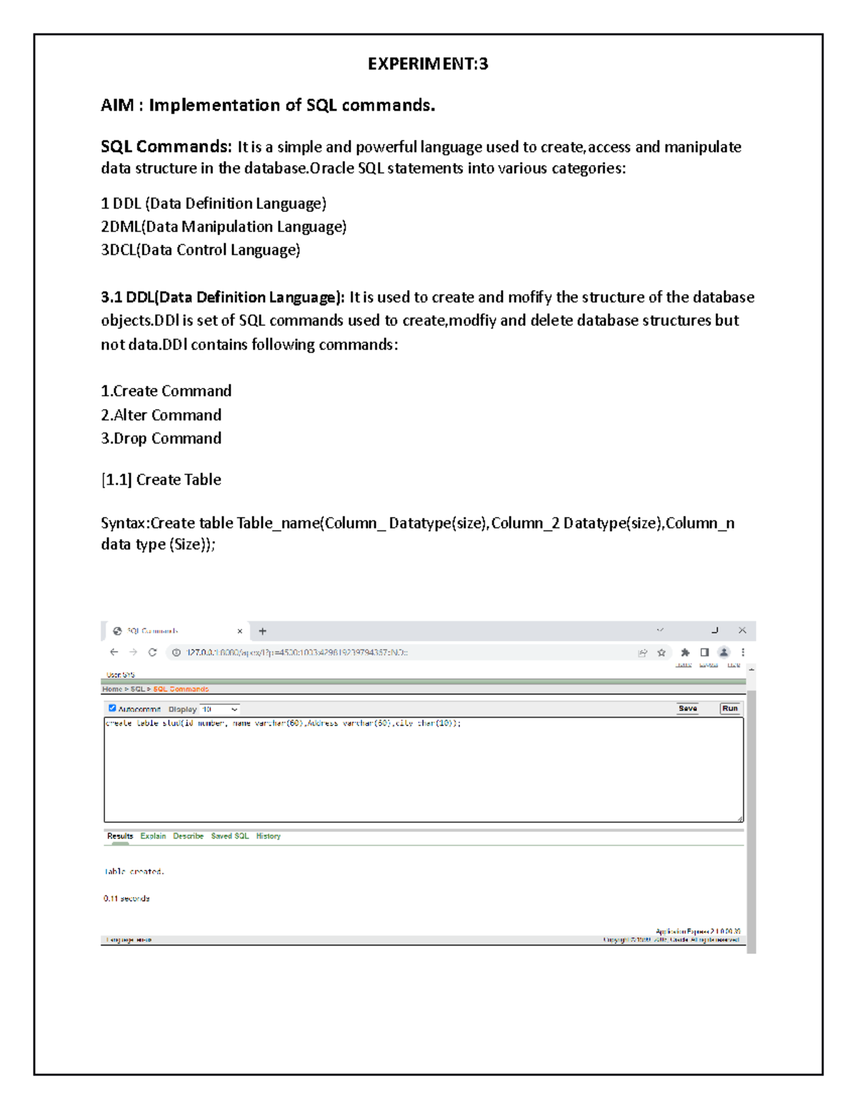 Dbms Commands Experiment Aim Implementation Of Sql Commands Sql Commands It Is A Simple