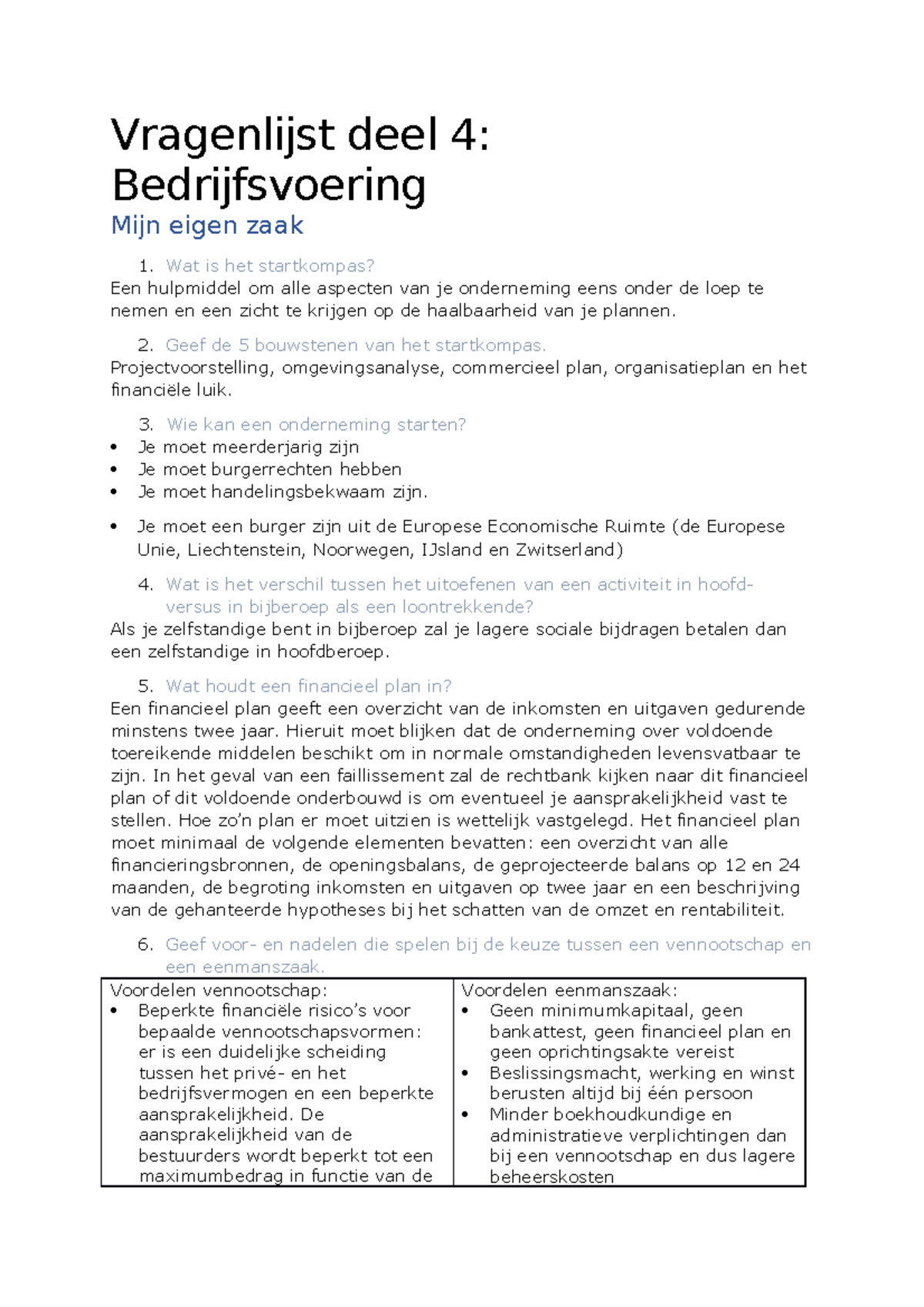 Vragenlijst deel 4 ; Mijn eigen zaak - Vragenlijst deel 4 ...