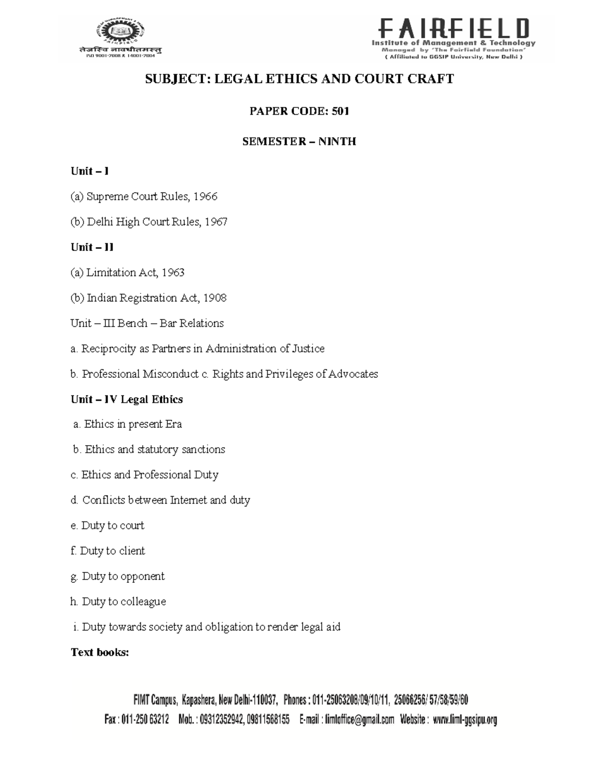 Ballb 501 - Notes based on University syllabus - SUBJECT: LEGAL ETHICS ...