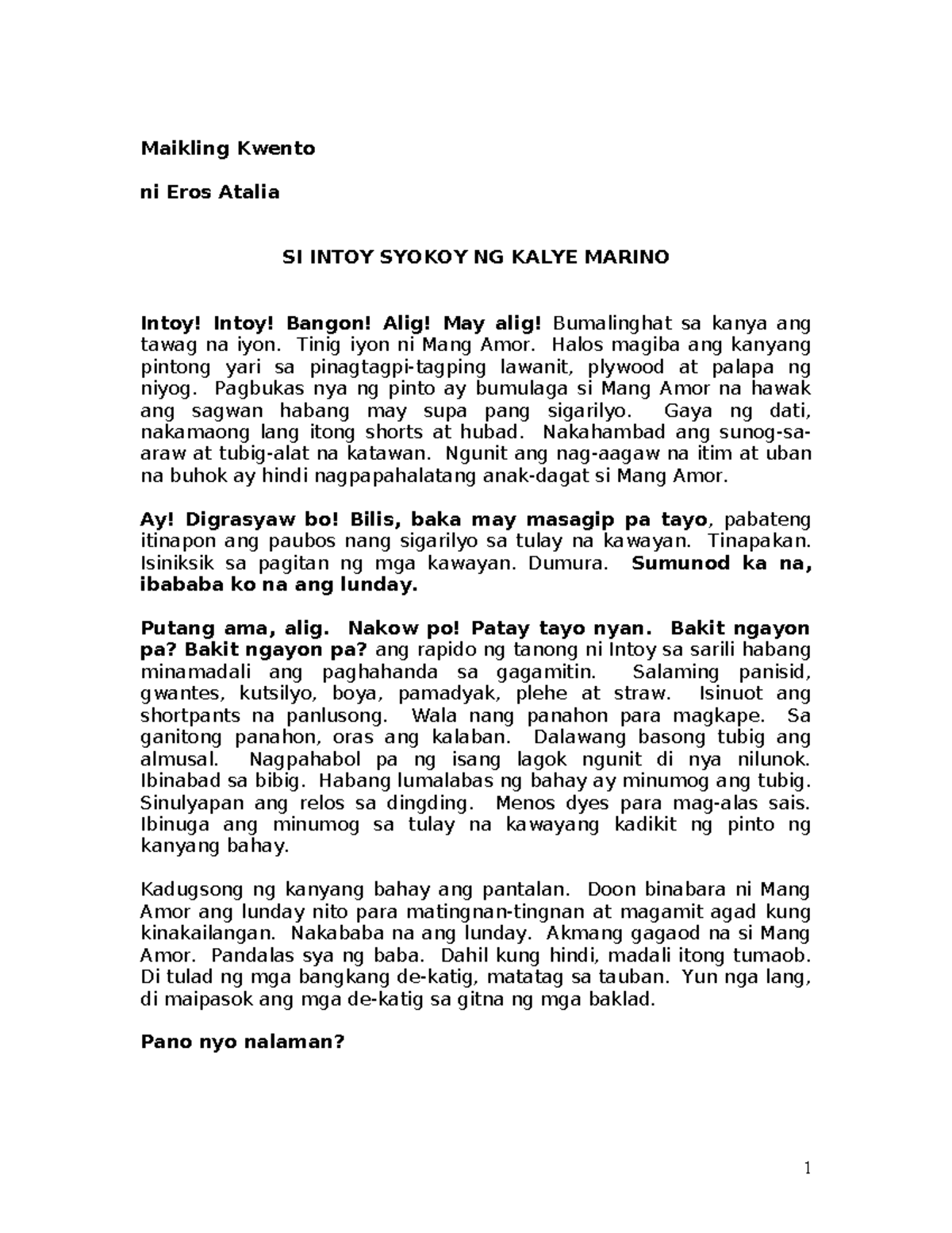 Si Intoy Syokoy ng Kalye Marino - Maikling Kwento ni Eros Atalia SI INTOY SYOKOY NG KALYE MARINO ...