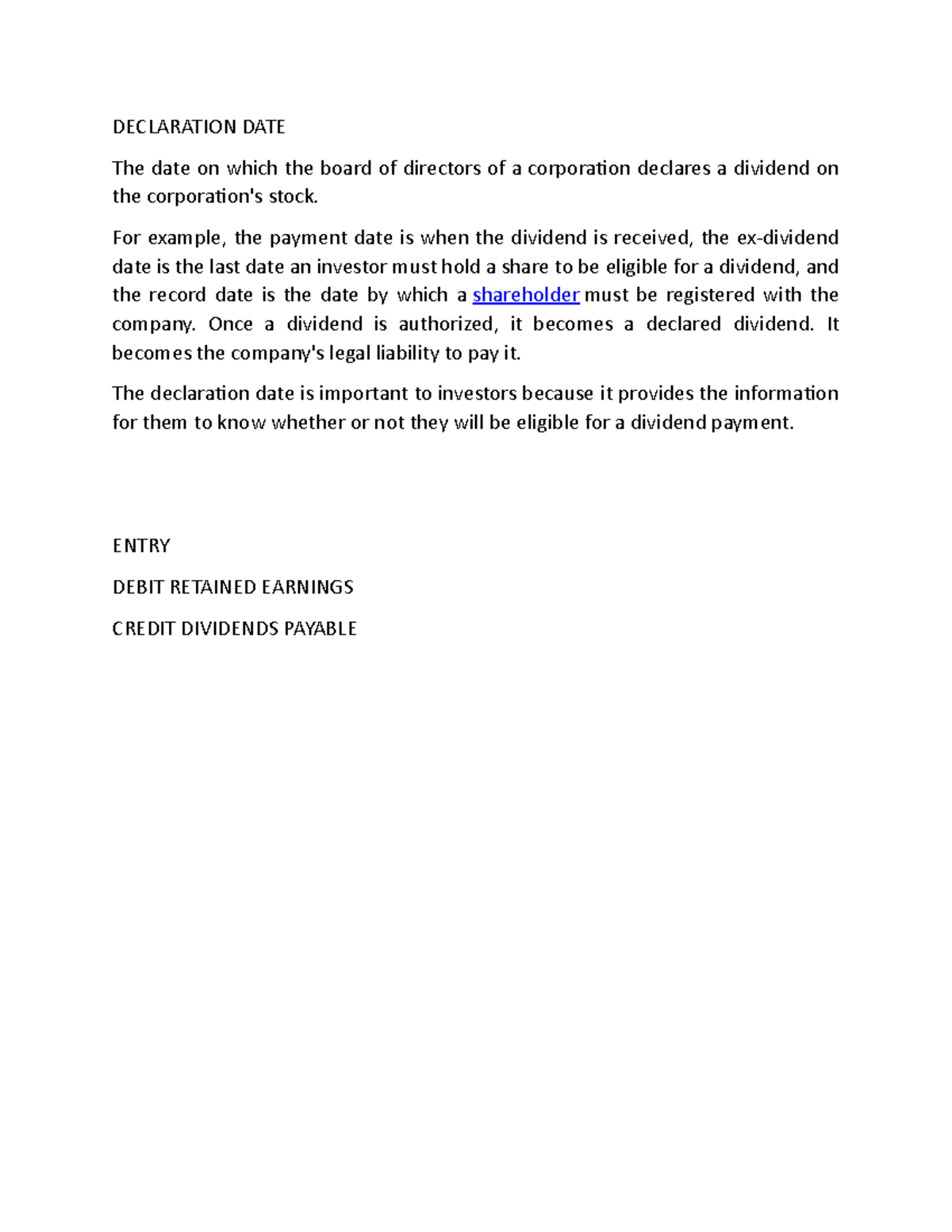 Declaration DATE - notes - DECLARATION DATE The date on which the board ...